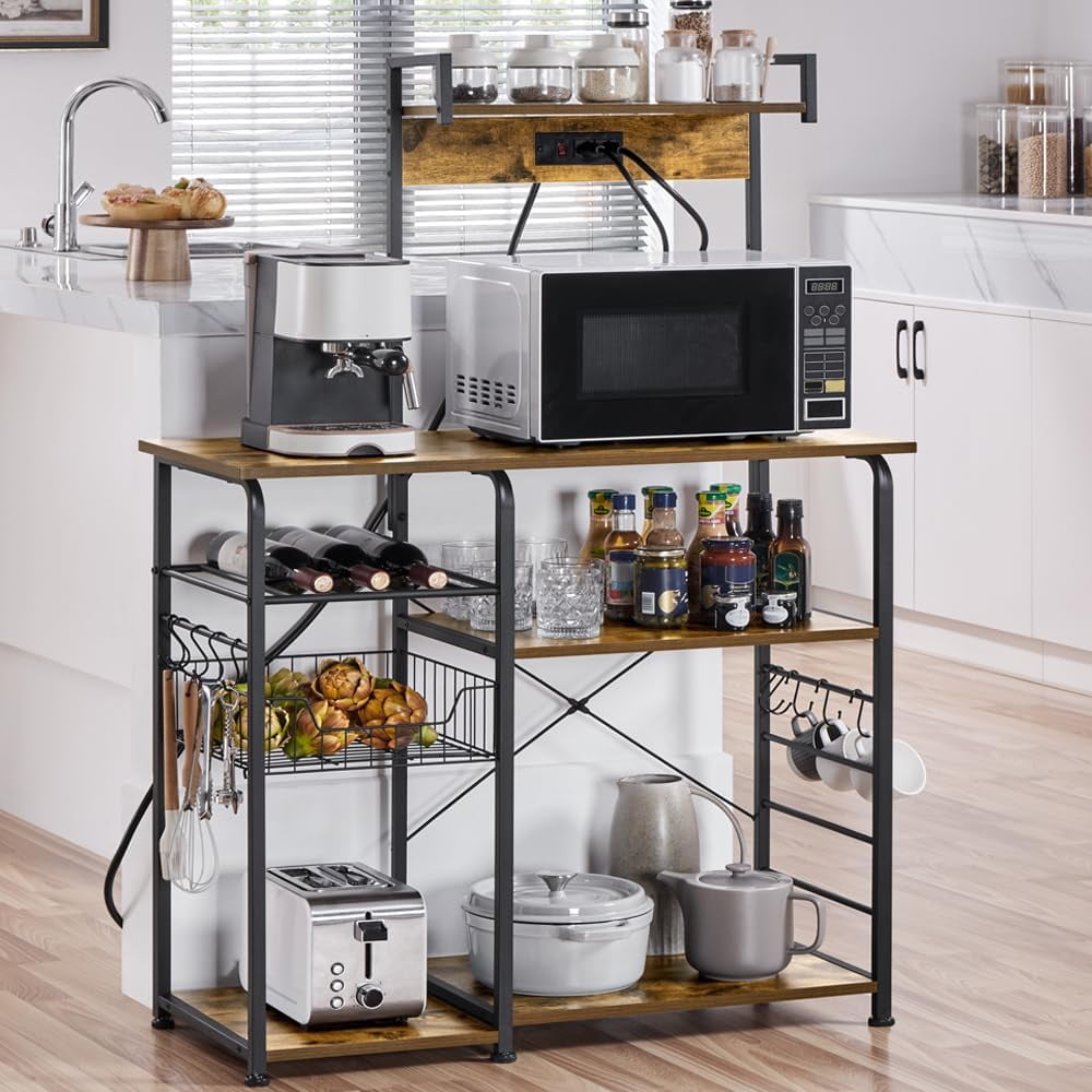 Hyxoo Bakers Rack with Power Outlet, 4-Tier Microwave Stand Cart Coffee ...