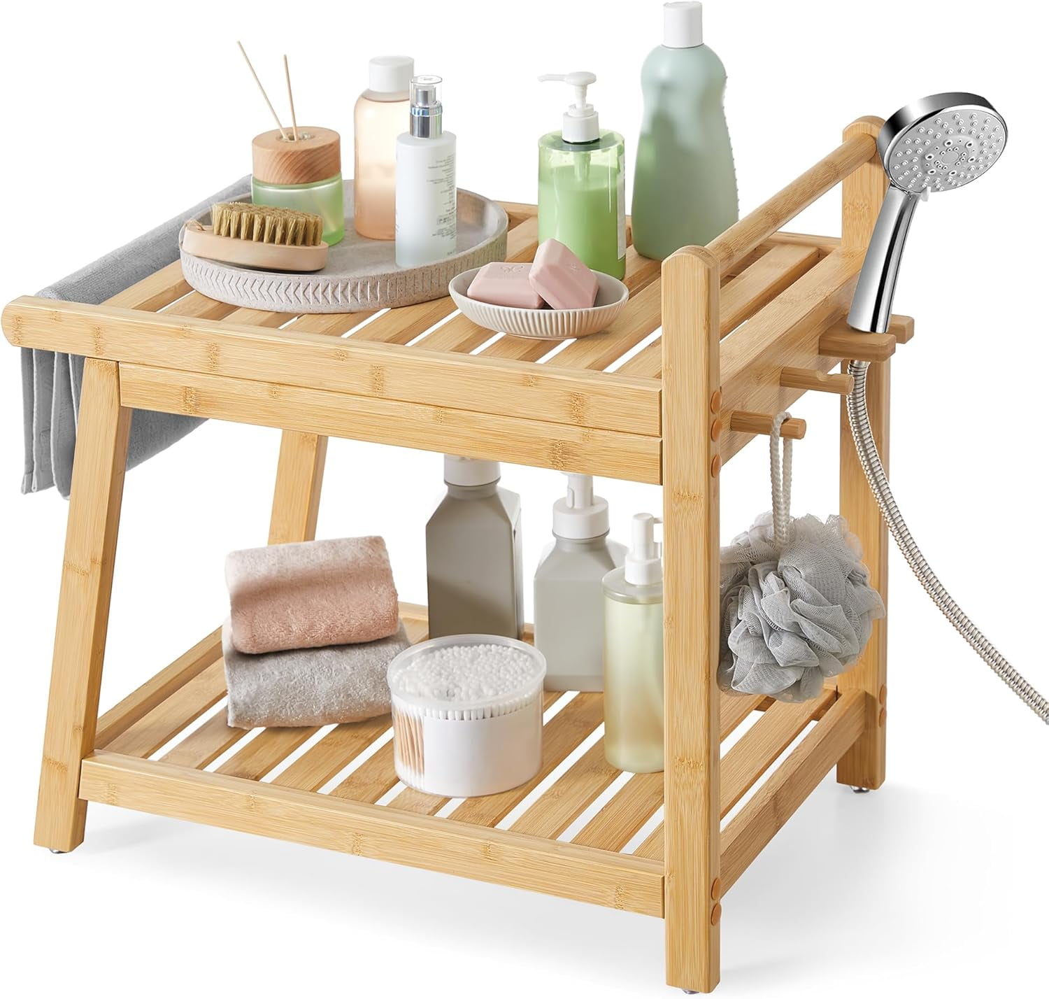 Hyxoo Bamboo Shower Bench with Storage Shelf, Shower Chair, Water ...