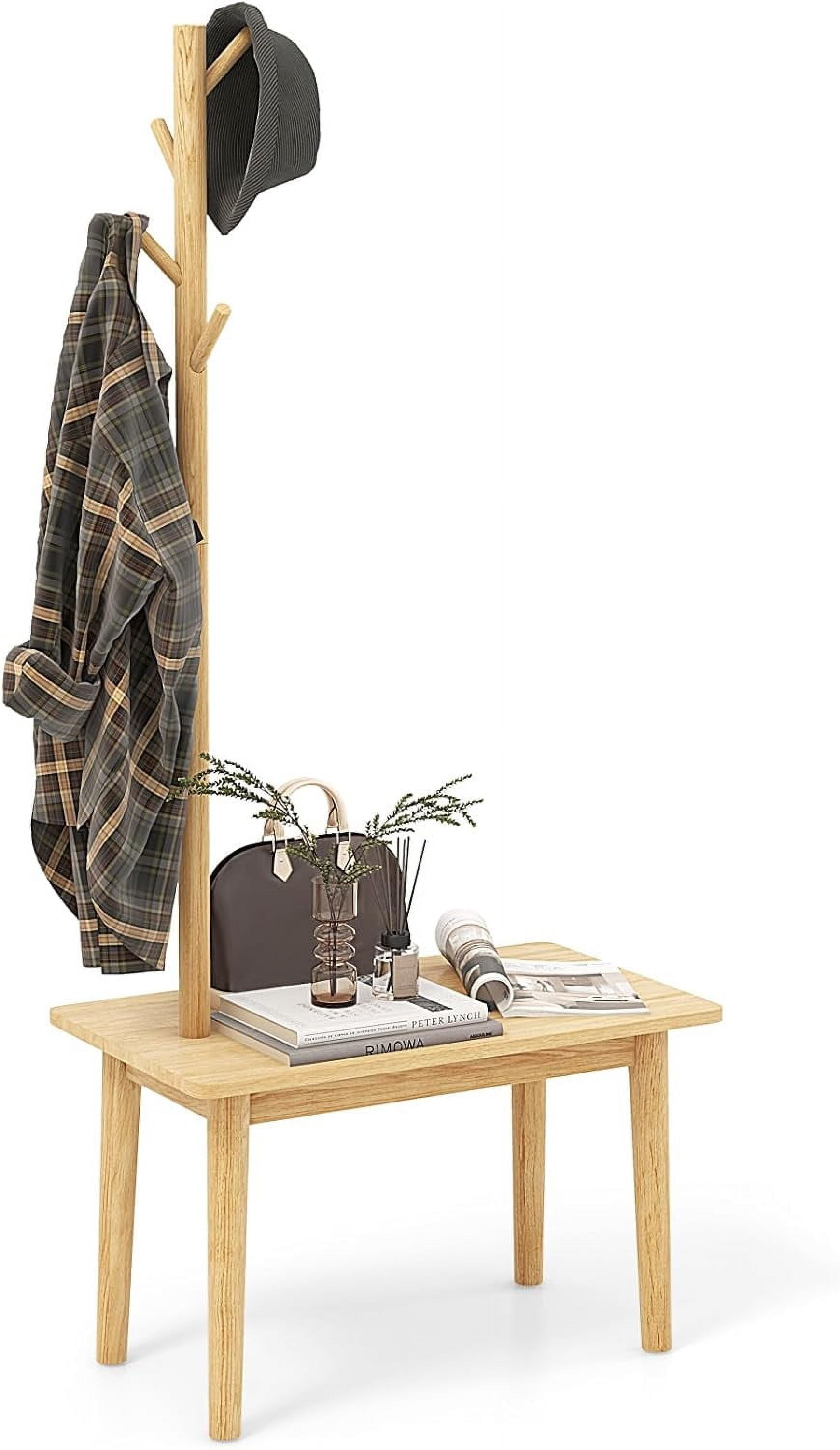 Hyxoo Coat Rack with End Table, Solid Wood Coat Tree with 2-in-1 Side ...