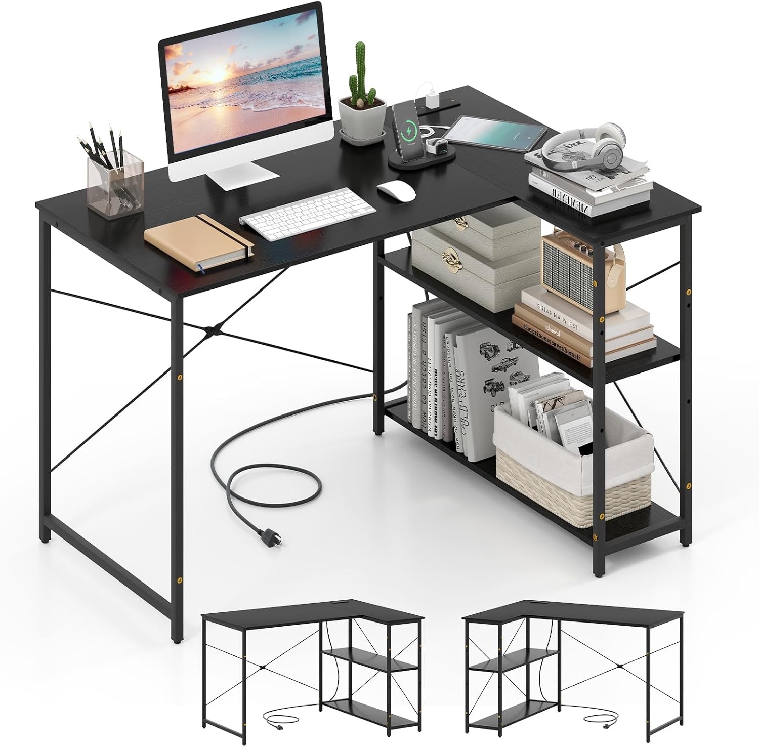 Hyxoo L-Shaped Computer Desk with Power Outlets, USB & Type C Charging ...