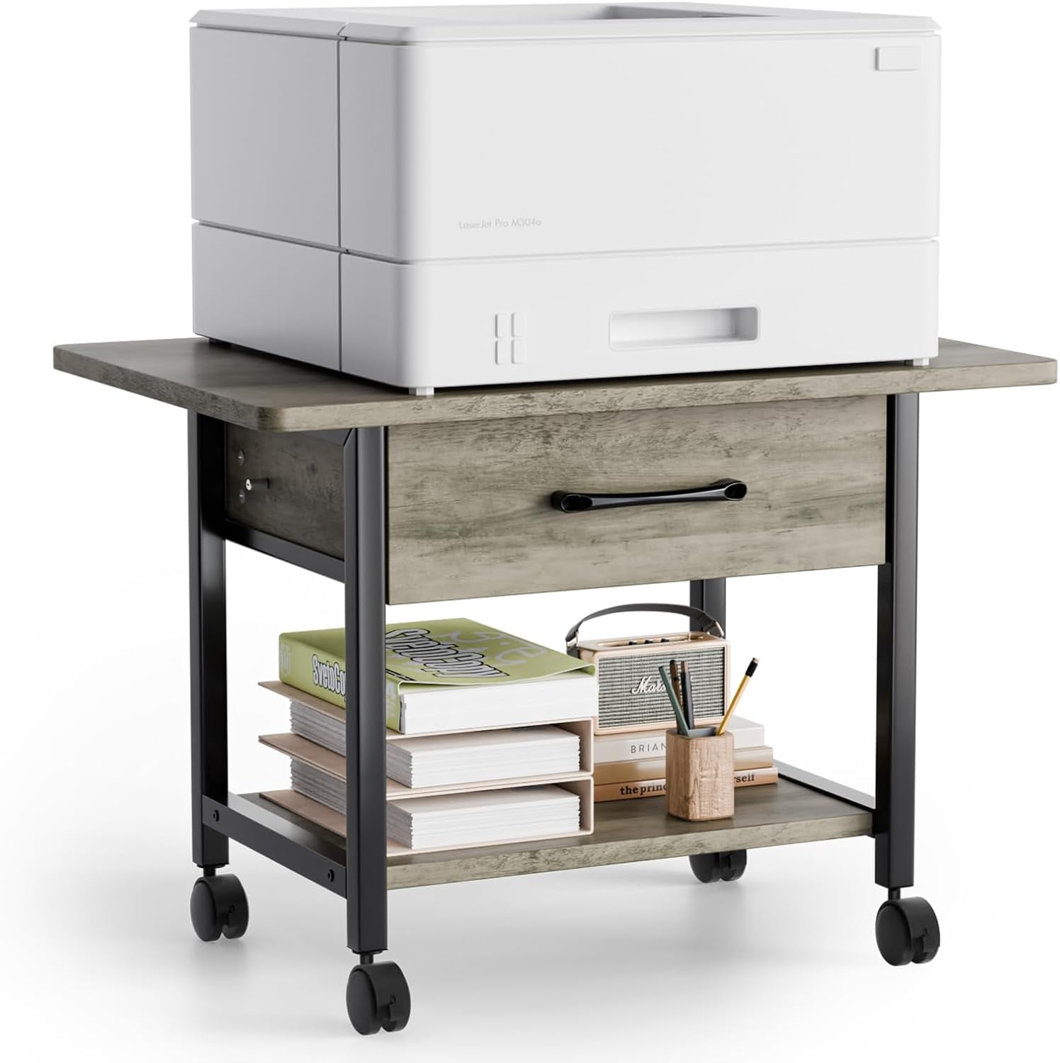 Hyxoo Large Printer Stand with Storage Drawer, 2 Tier Under Desk ...