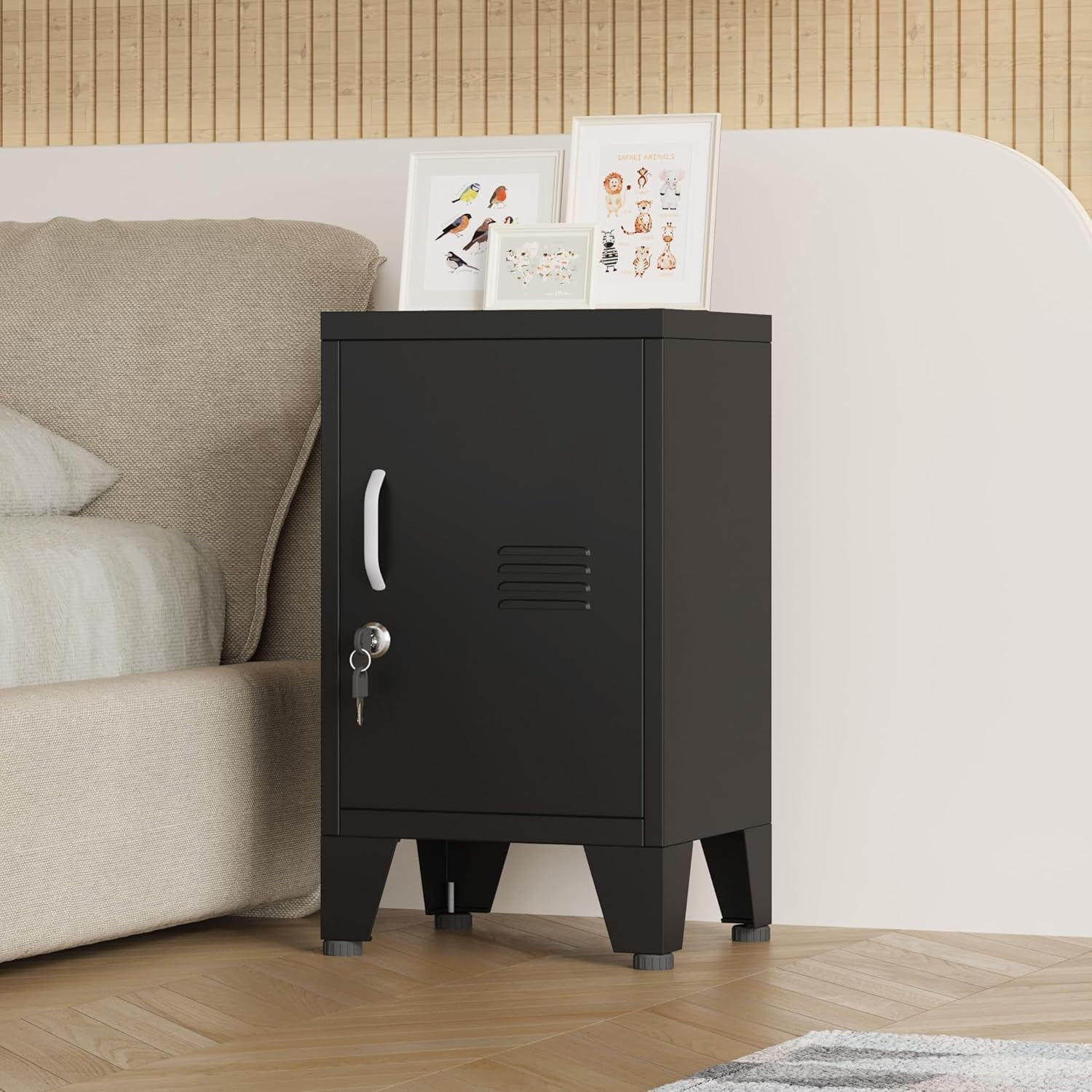 Hyxoo Metal NightStand Storage Cabinets with Lock and Adjustable Shelf ...