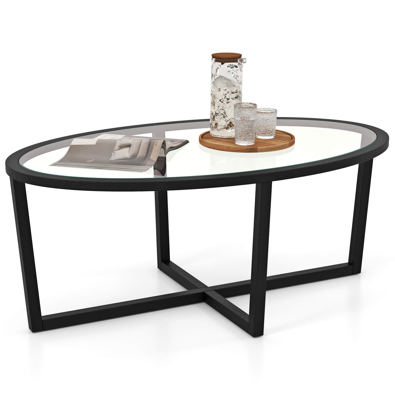 Hyxoo Modern Glass Coffee Table w/ Cross Base & Acacia Wood Legs for ...