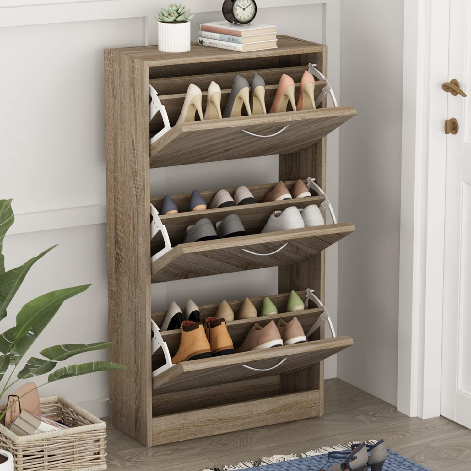 Hyxoo Modern Shoe Storage Cabinet with 3 Flip Drawers & Twill Louver ...