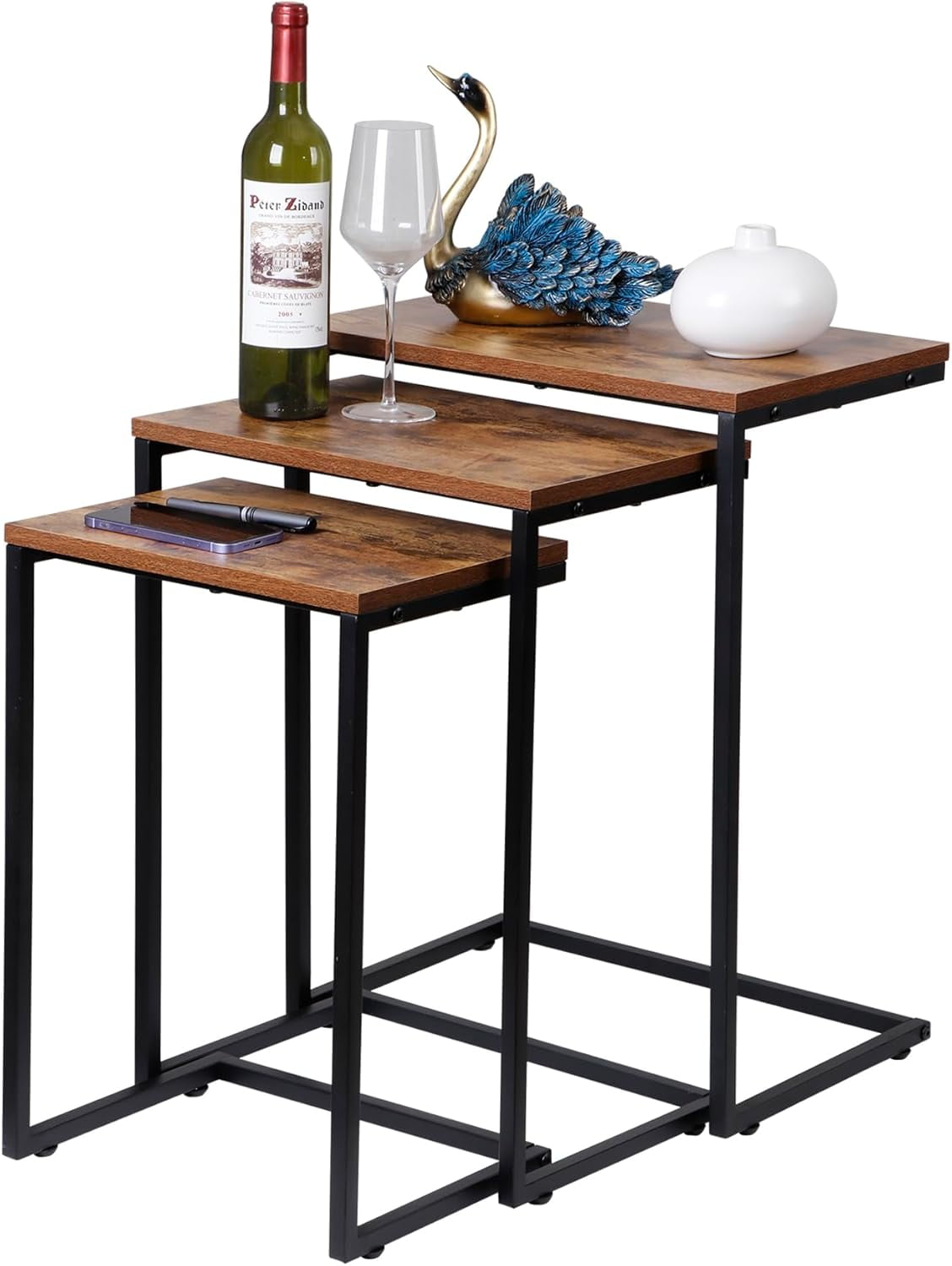 Hyxoo Nesting Coffee Table Modern End Table Set of 3 for Living Room Balcony Office, C-Shape ...