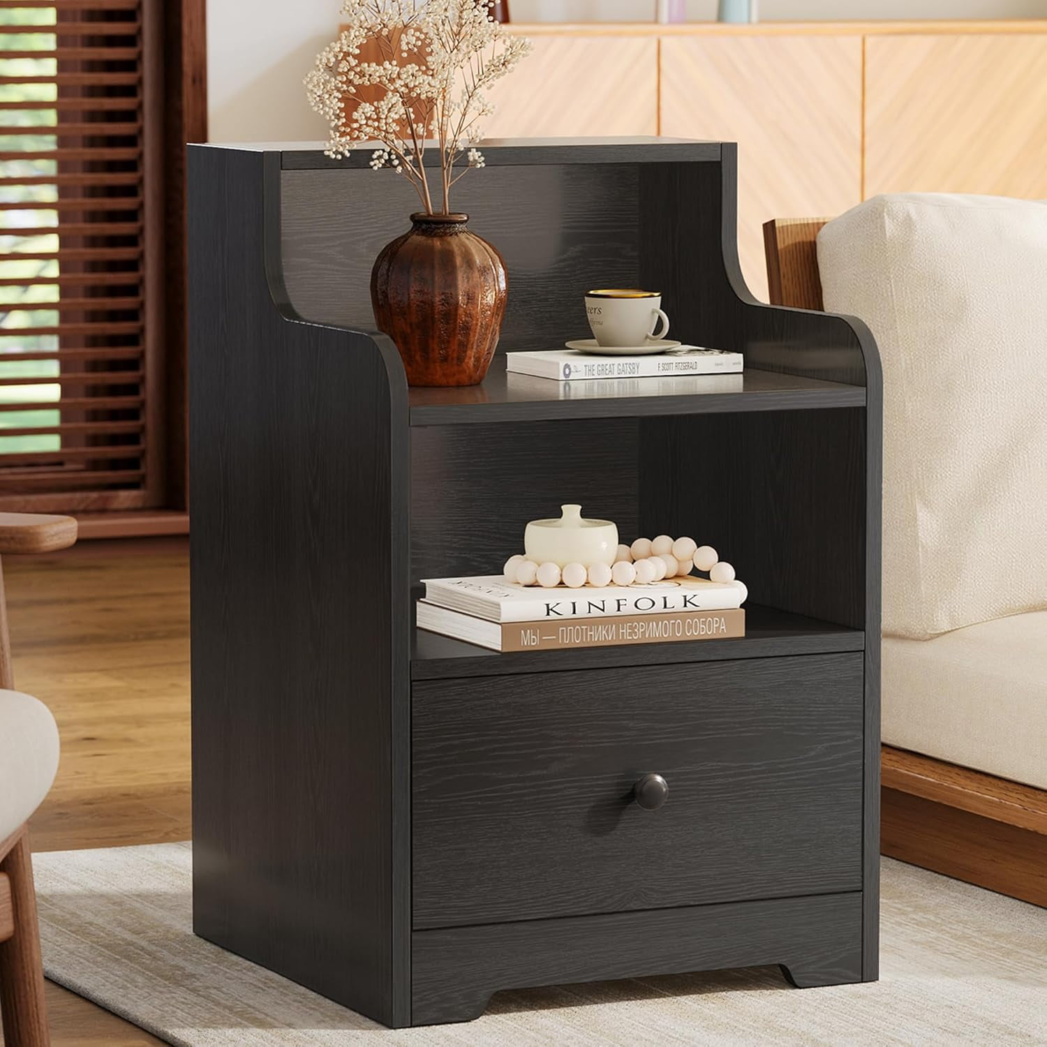 Hyxoo Nightstand with Drawer and Open Shelf, Bedside Table with Hutch ...
