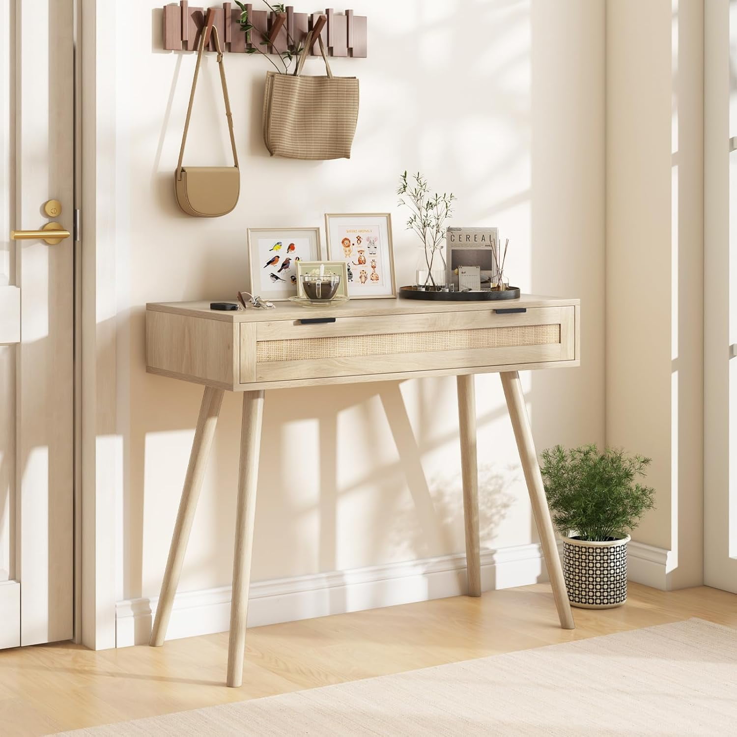 Hyxoo Rattan Console Table with Drawer, Boho Style Entryway Table ...