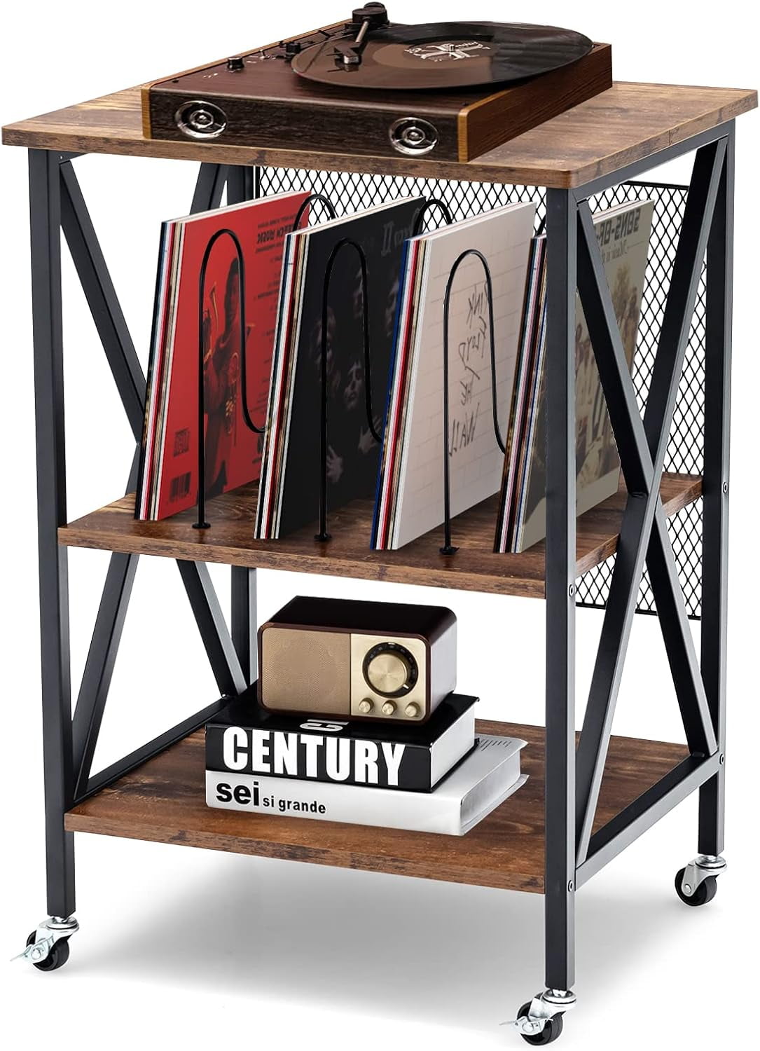 Hyxoo Record Player Stand, 3 Tier Rolling Turntable Stand w/3 Dividers ...