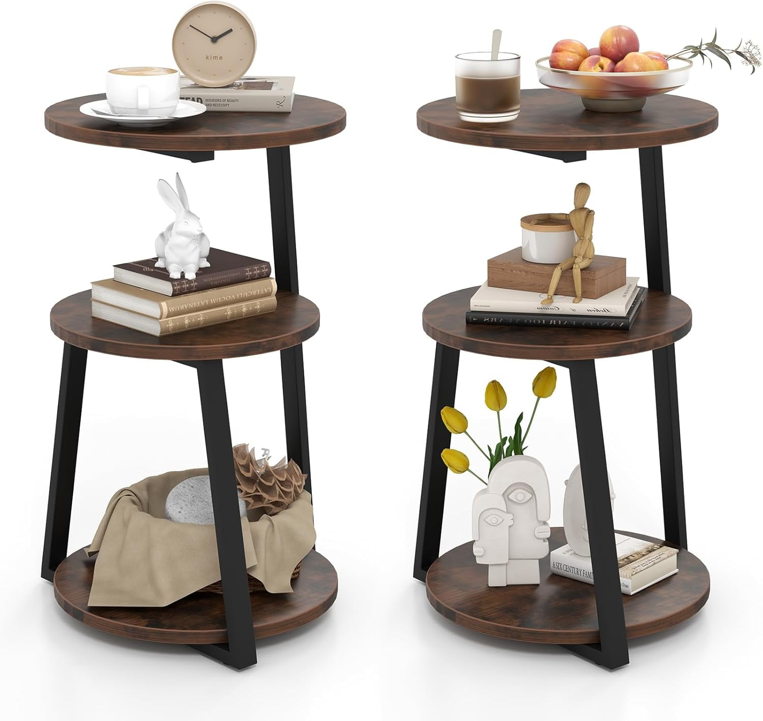 Hyxoo Round End Table Set of 2, Industrial Side Table with Sturdy Metal ...