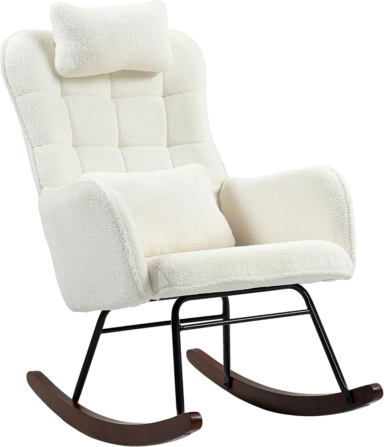 Hyxoo Upholstered Rocking Chair with Headrest and Lumber Pillow, Teddy ...