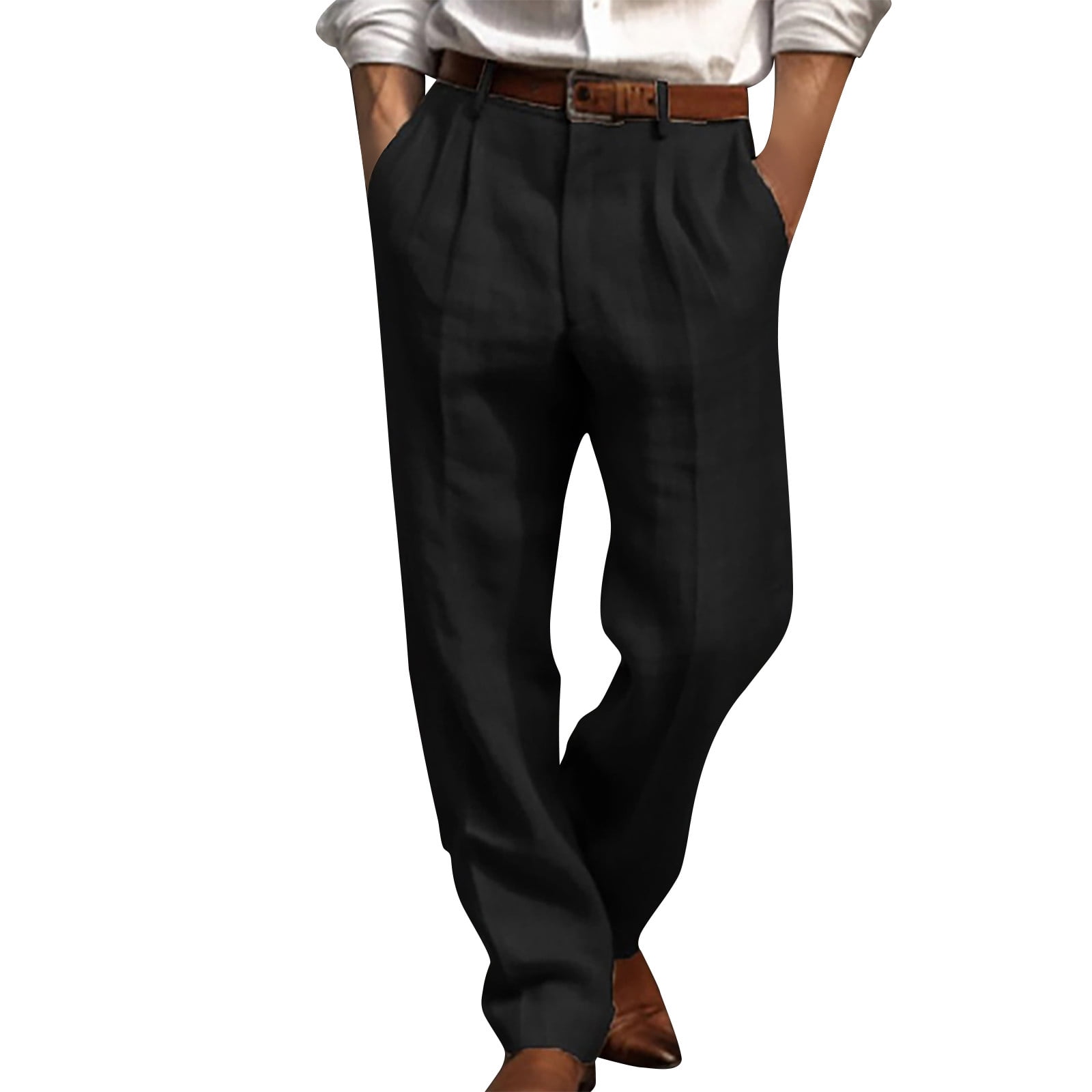 Hzgobj Mens Cotton Linen Pants Pleated Front Loose Fit Dress Pants ...