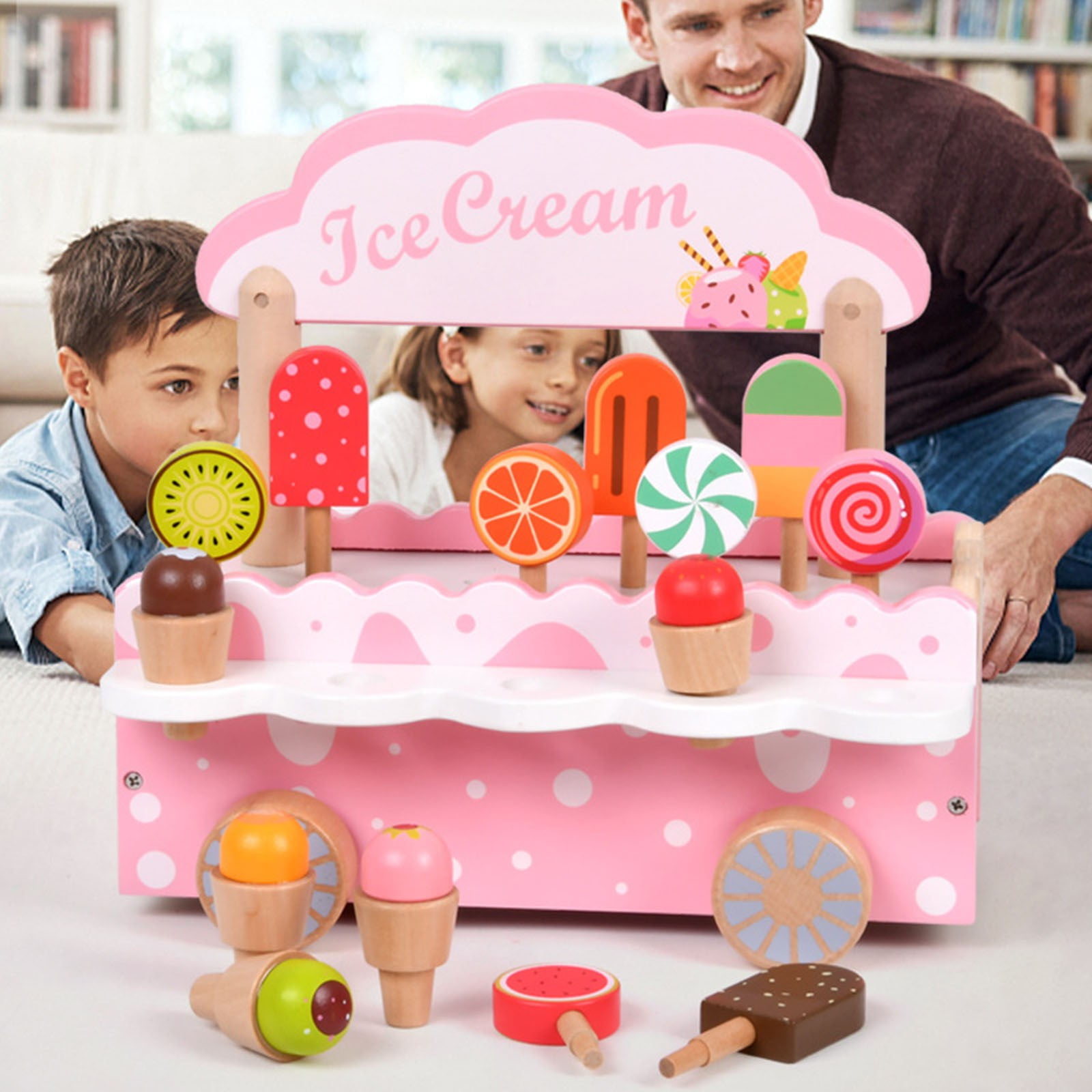 Hzrsly Interactive Wooden Ice Cream Cart Toy for Kids - Fun Role Play ...