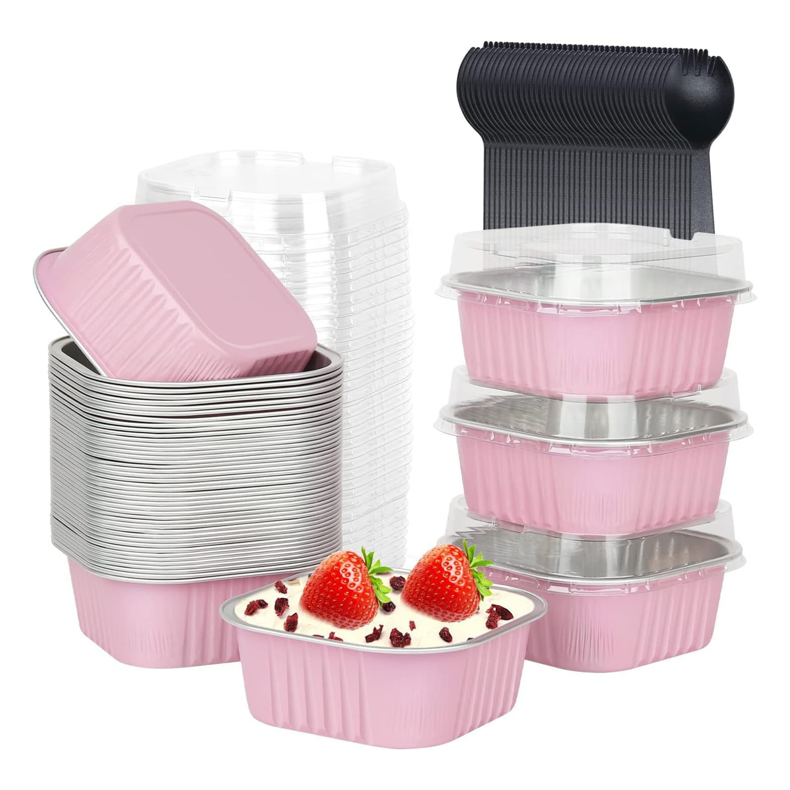 Hzsb 50Pcs Square Mini Cake Pans with Lids Spoons Aluminum Foil Baking ...