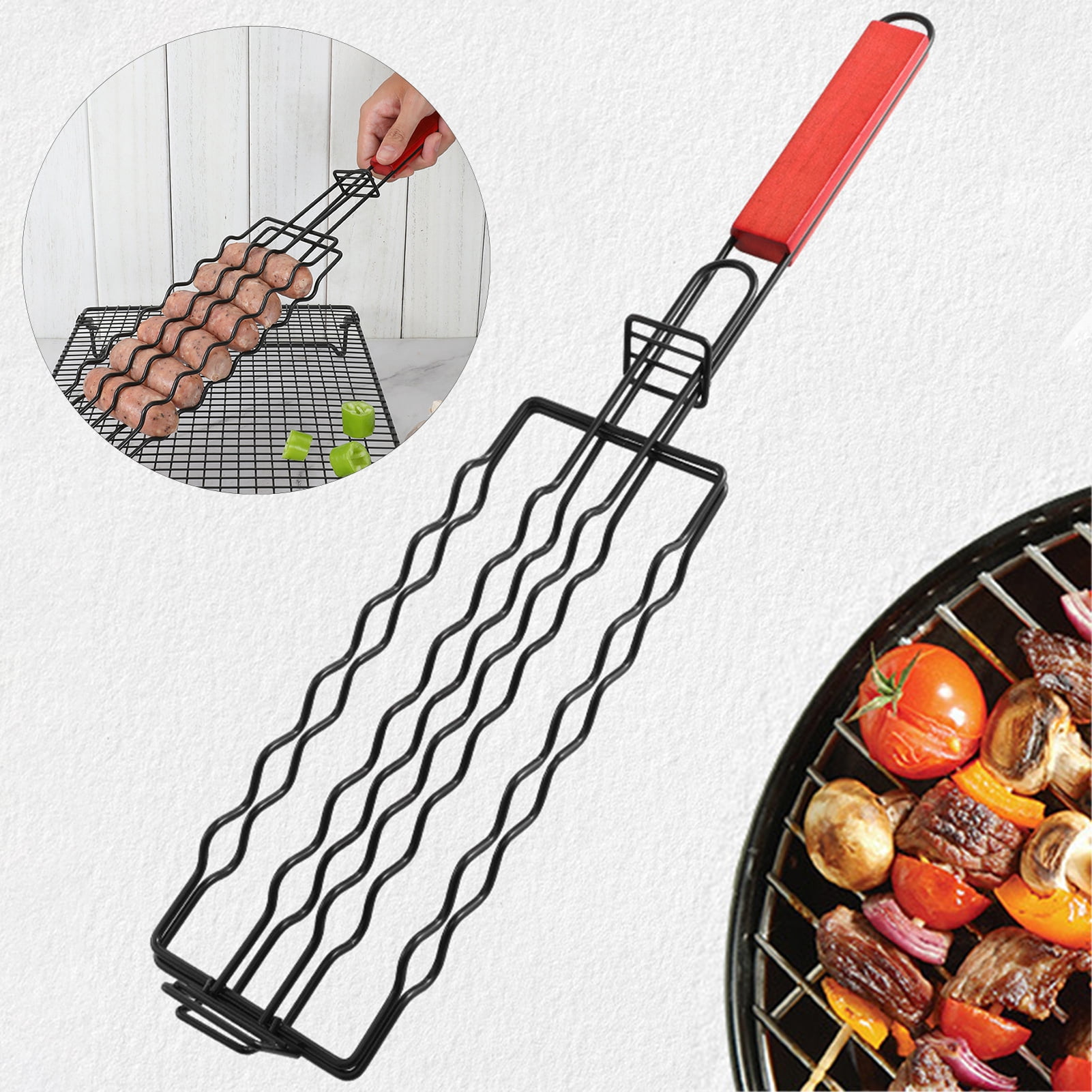 Hzsb Barbecue Cage with Wooden Handle Hollow Design Reusable Outdoor ...