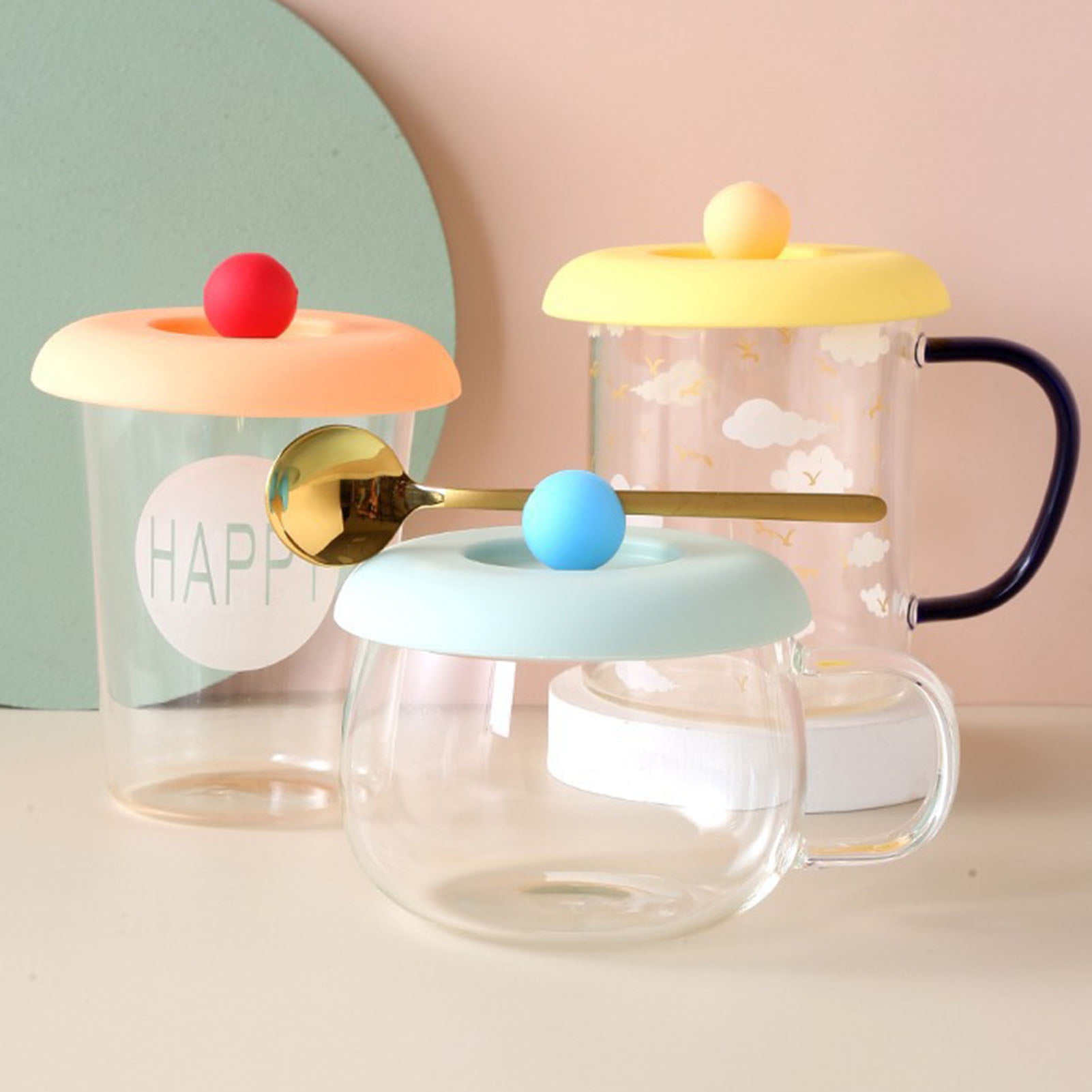 Hzsb Silicone Cup Lid with Ball-shaped Handle Spoon Holder Food Grade ...