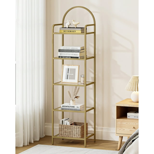 Hzuaneri 5 Tier Leaning Shelf, Tempered Glass Modern Metal Bookshelf ...