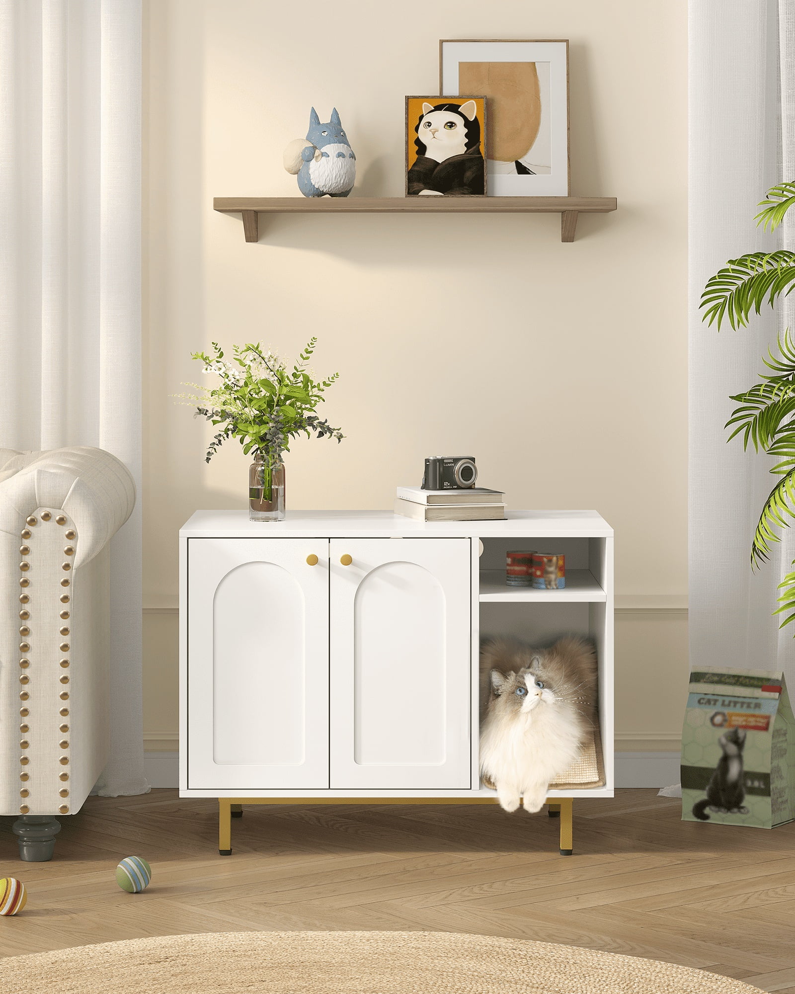 Hzuaneri Hidden Storage Cabinet Cat Litter Box Enclosure, Wooden Pet ...
