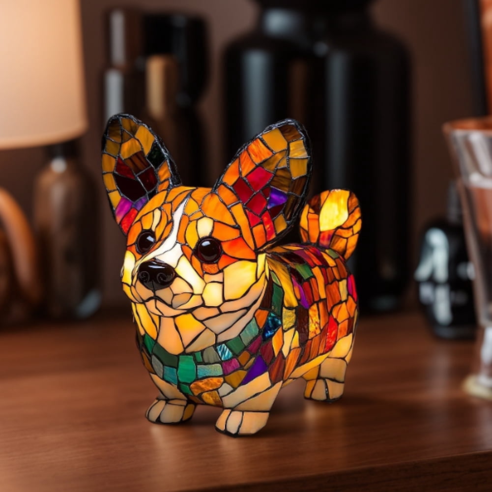 HzyK Retro Stained Resin Corgi Dog Tabletop Night Light Animal Table ...