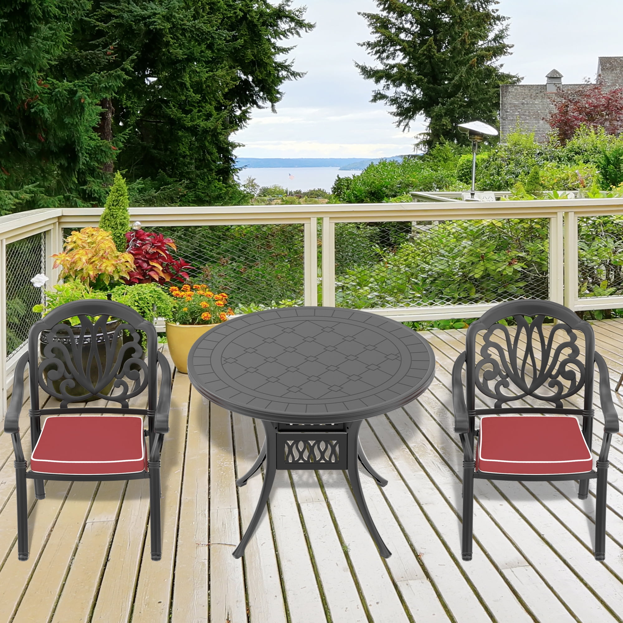 Hzzkey 3-Piece Cast Aluminum Patio Dining Set and Random Color Cushion ...