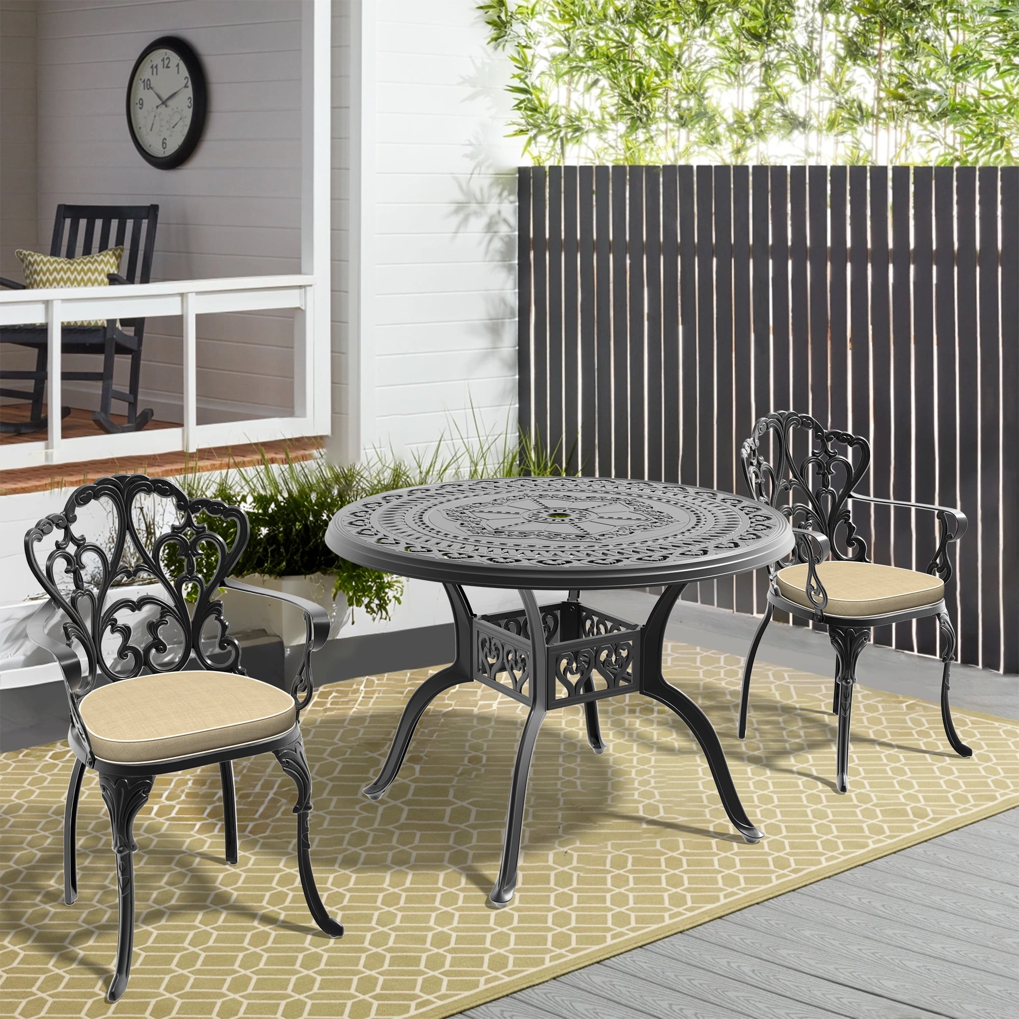 Hzzkey 3-Piece Round Cast Aluminum Patio Set , Random Color Cushions , Umbrella Hole , Black ...