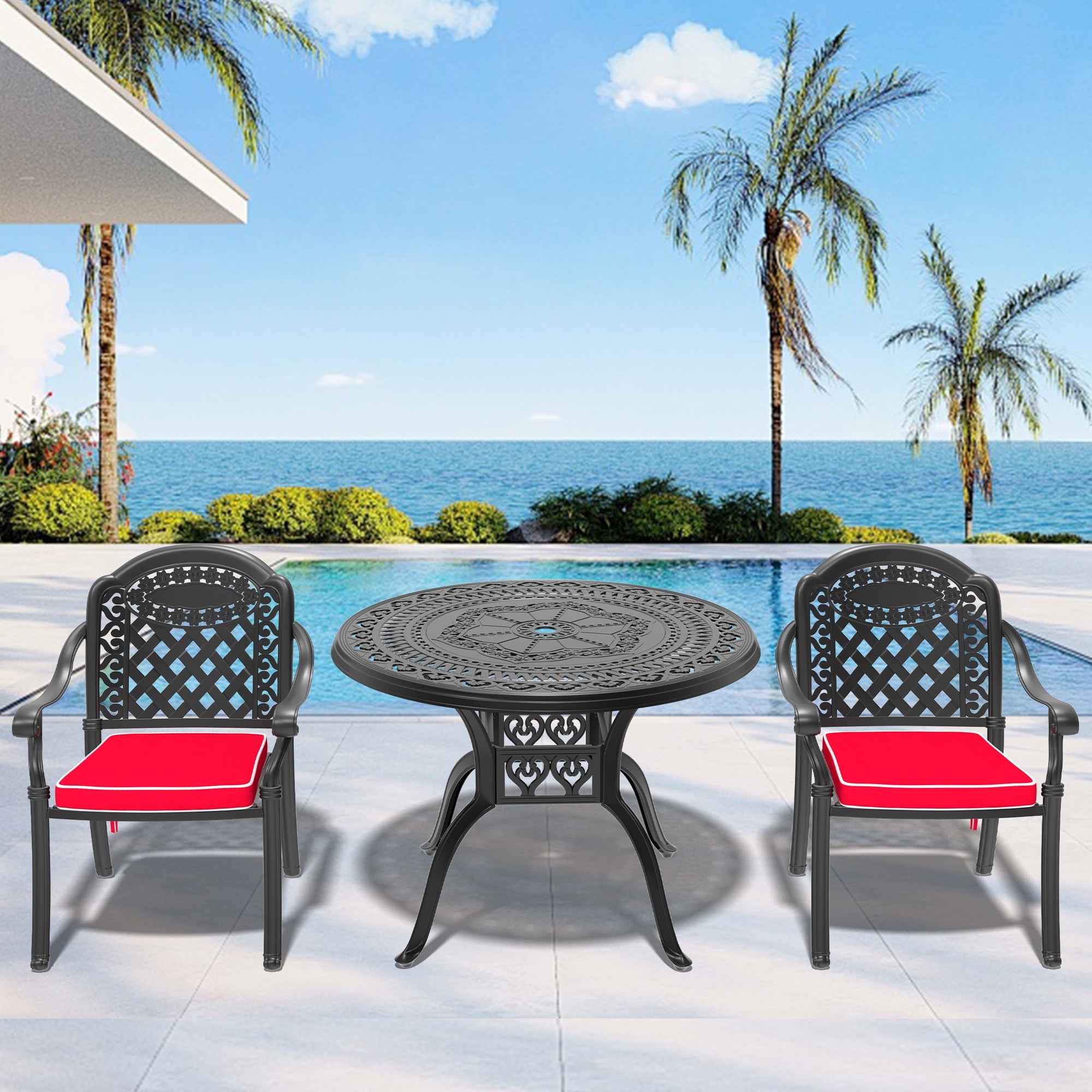 Hzzkey 3-Piece Round Cast Aluminum Patio Set , Random Color Cushions , Umbrella Hole , Black ...