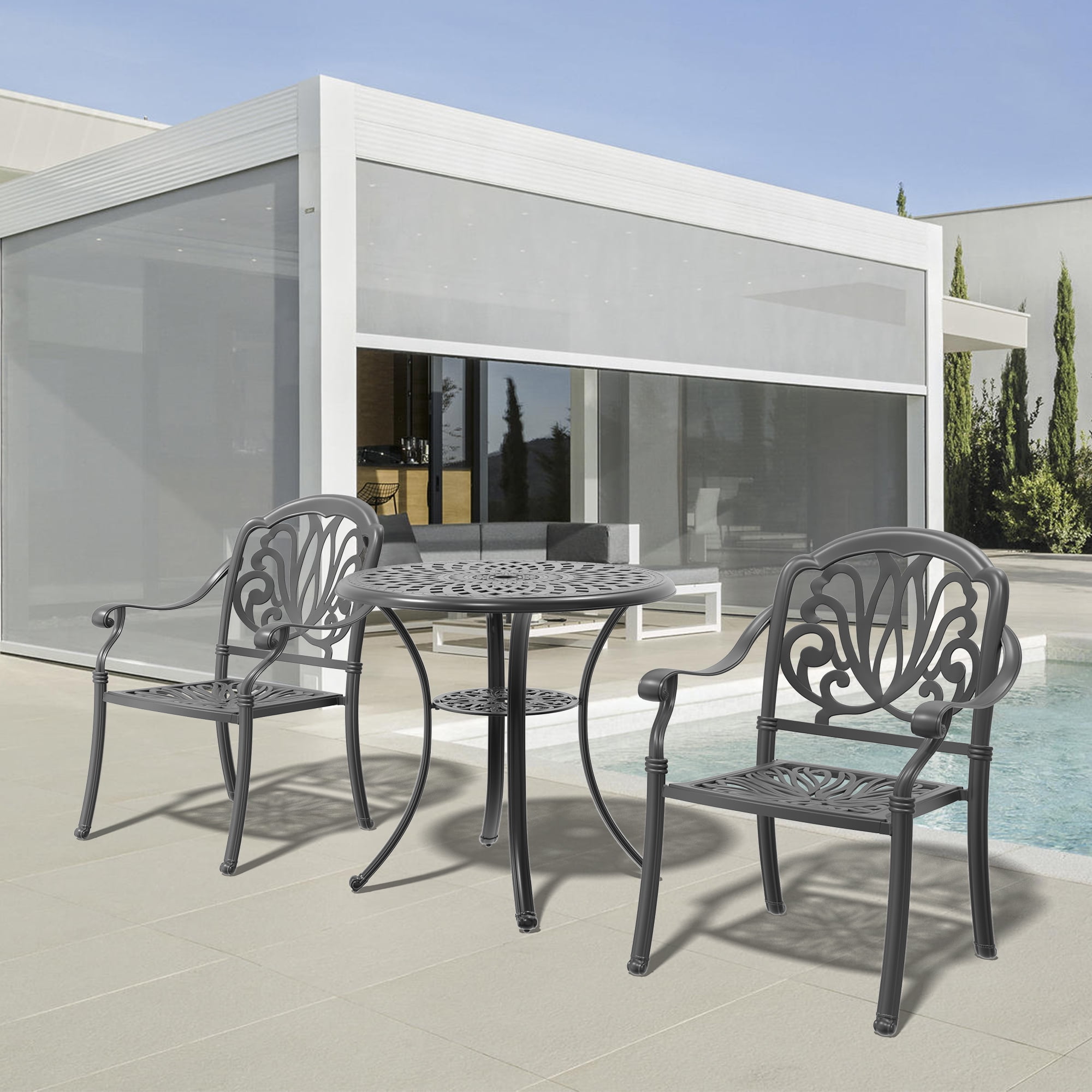 Hzzkey 3-Piece Round Cast Aluminum Patio Set , Random Color Cushions , Umbrella Hole , Black ...