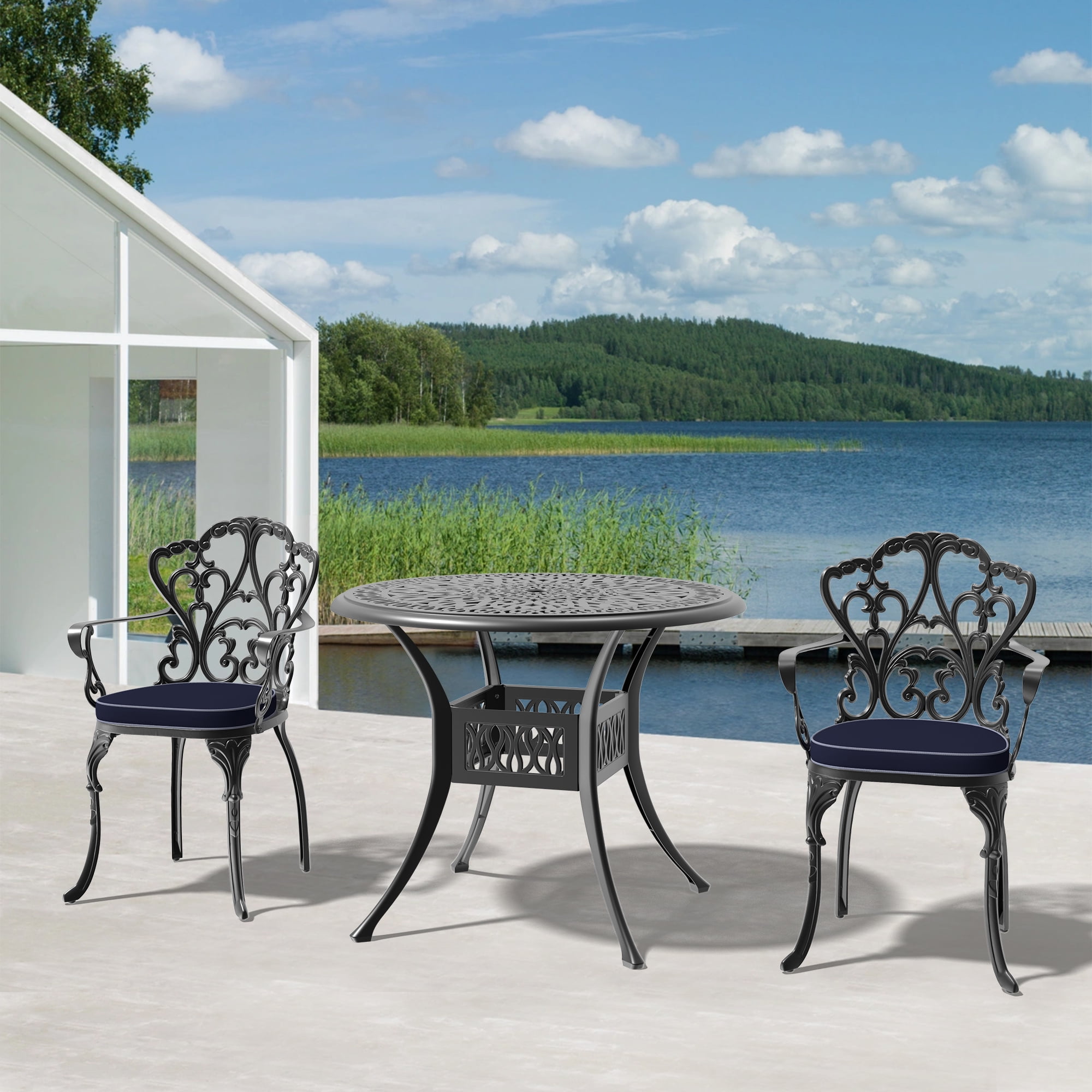 Hzzkey 3-Piece Round Cast Aluminum Patio Set , Random Color Cushions , Umbrella Hole , Black ...