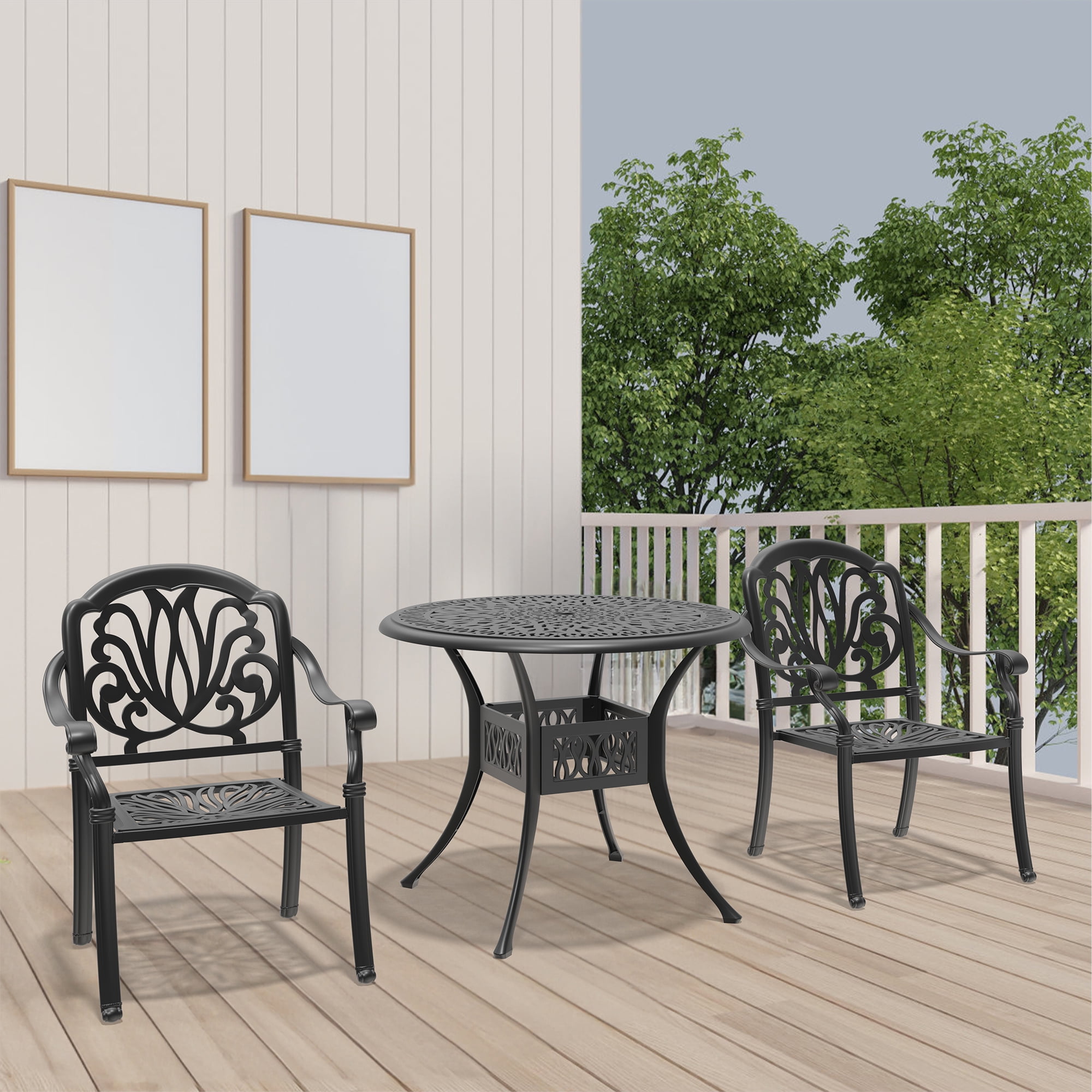 Hzzkey 3-Piece Round Cast Aluminum Patio Set , Random Color Cushions , Umbrella Hole , Black ...