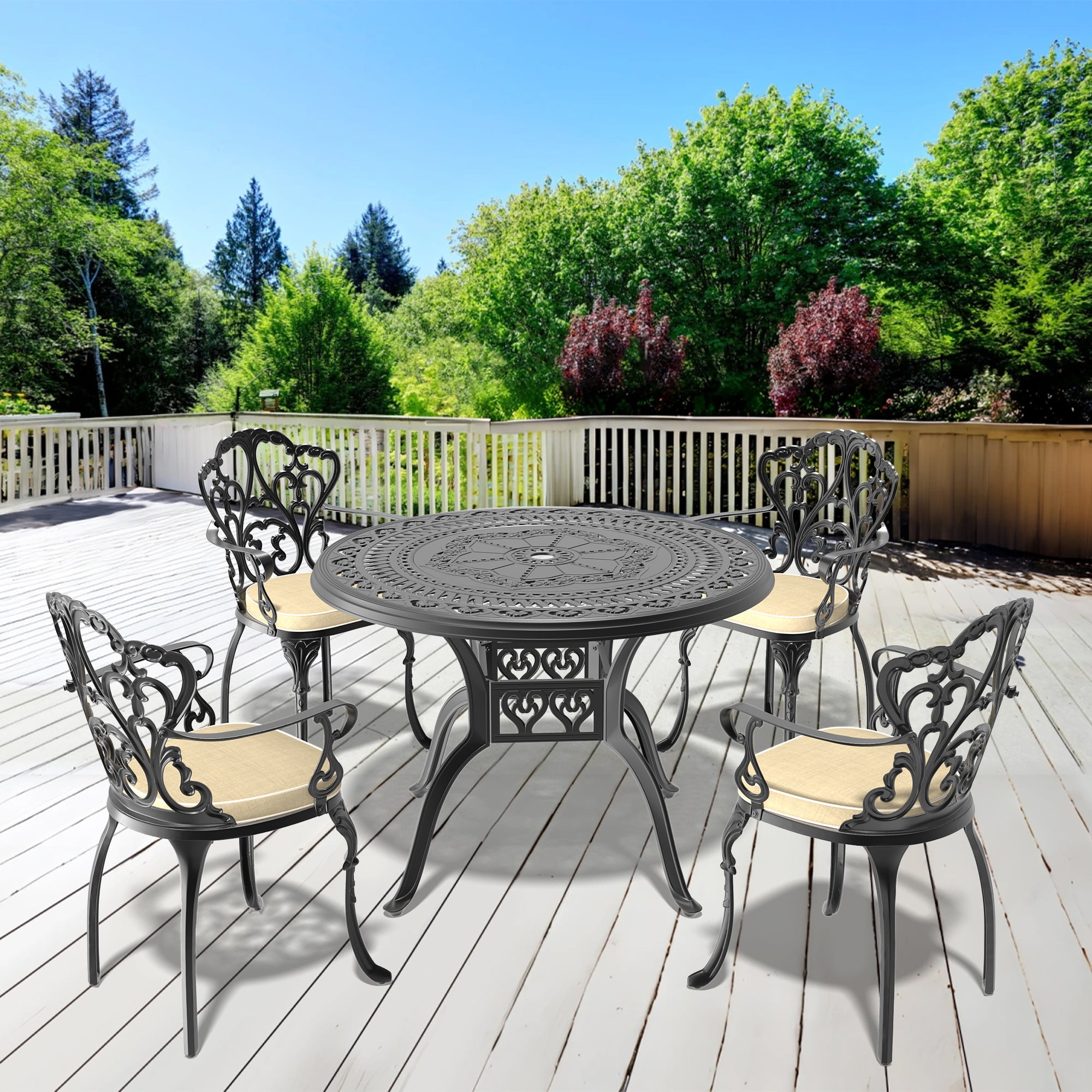 Hzzkey 3-Piece Round Cast Aluminum Patio Set , Random Color Cushions , Umbrella Hole , Black ...