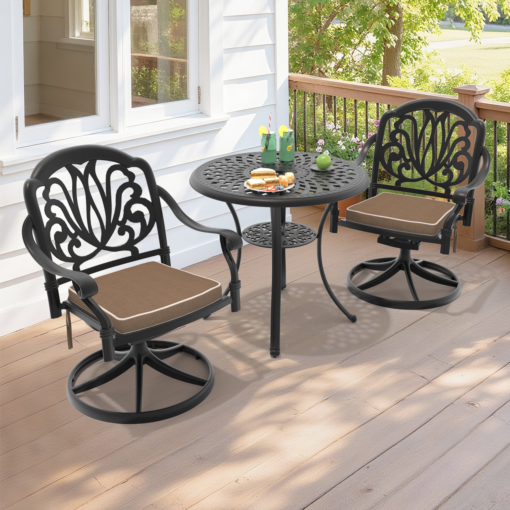 Hzzkey 3-Piece Round Cast Aluminum Patio Set with Swivel Chairs,Brown ...