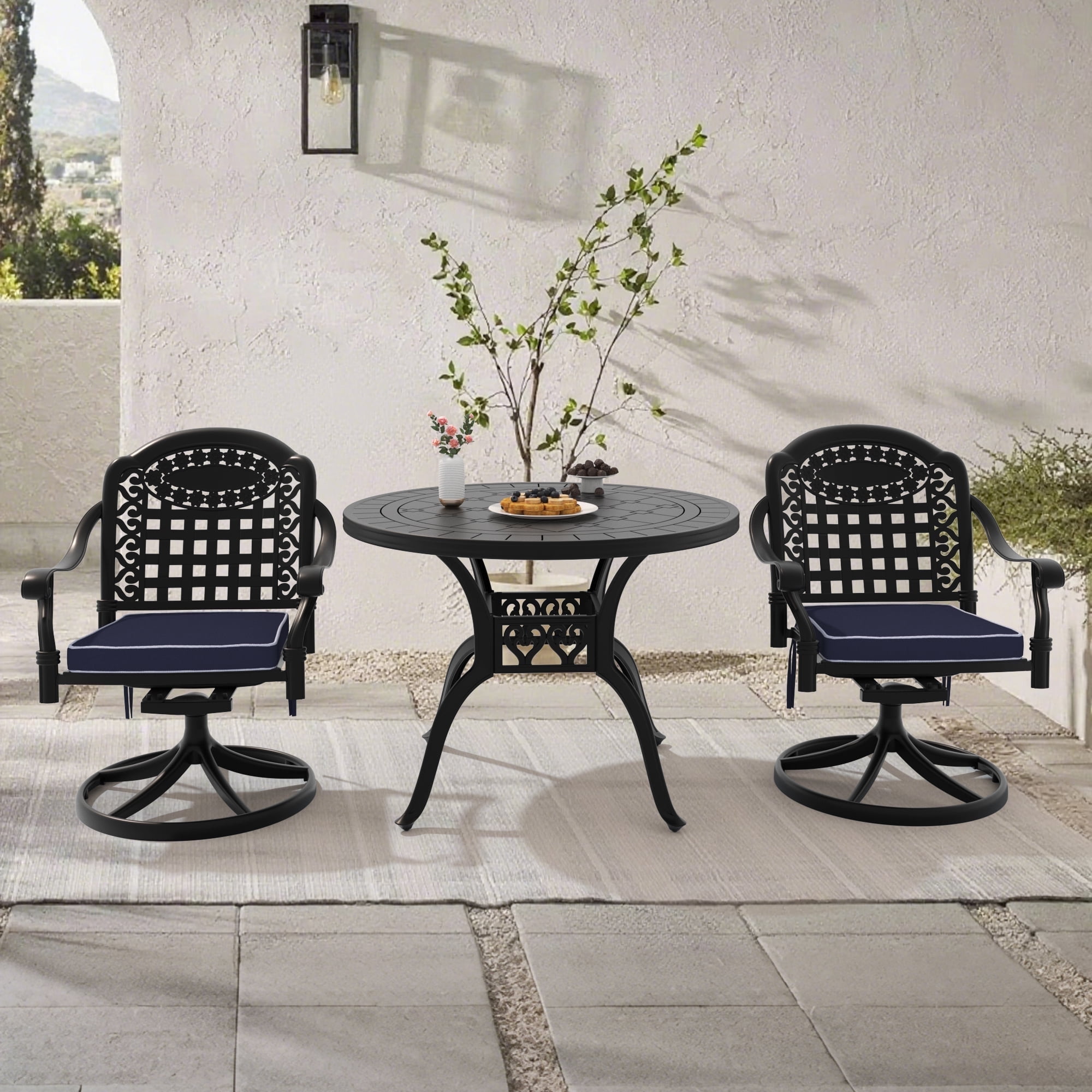 Hzzkey Cast Aluminum 3-Piece Patio Set, Round Table with 2 Swivel ...