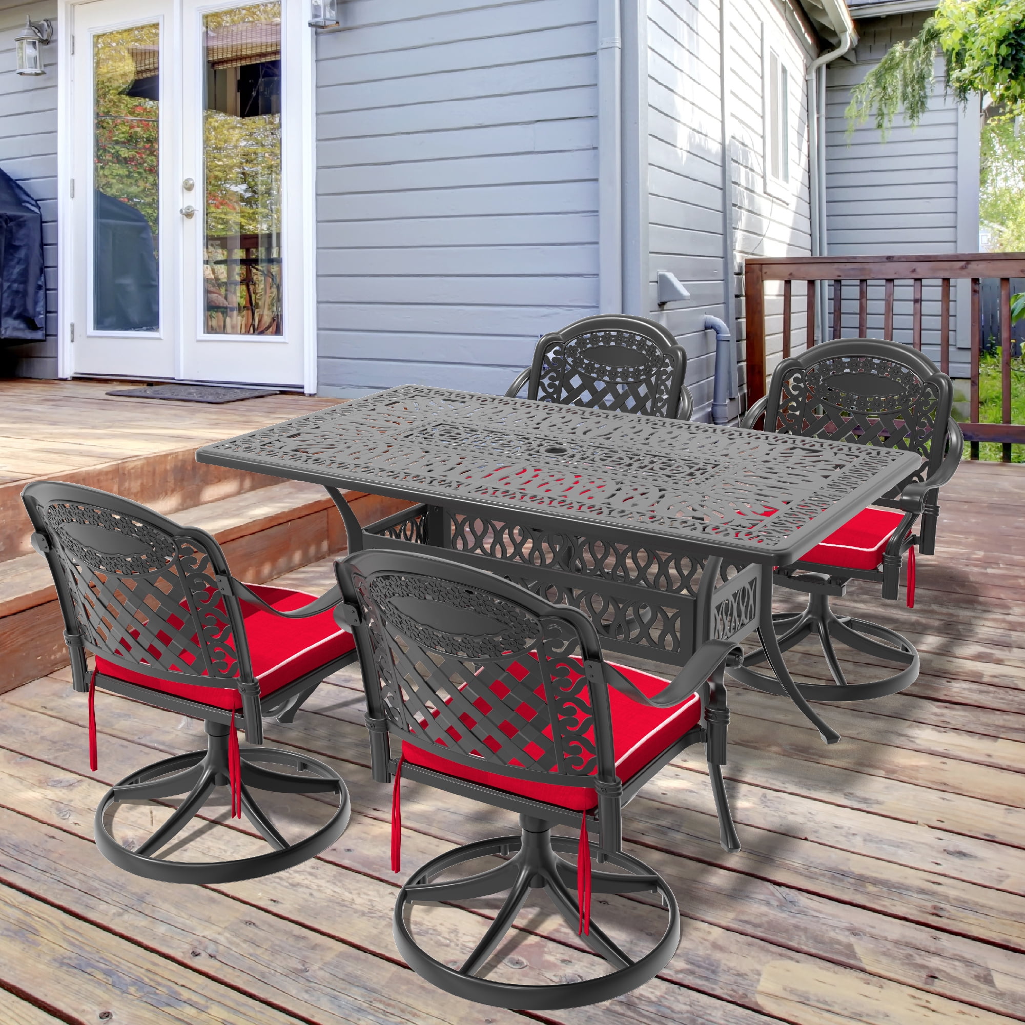 Hzzkey 5-Piece Rectangle Cast Aluminum Patio Set with Swivel Chairs ...