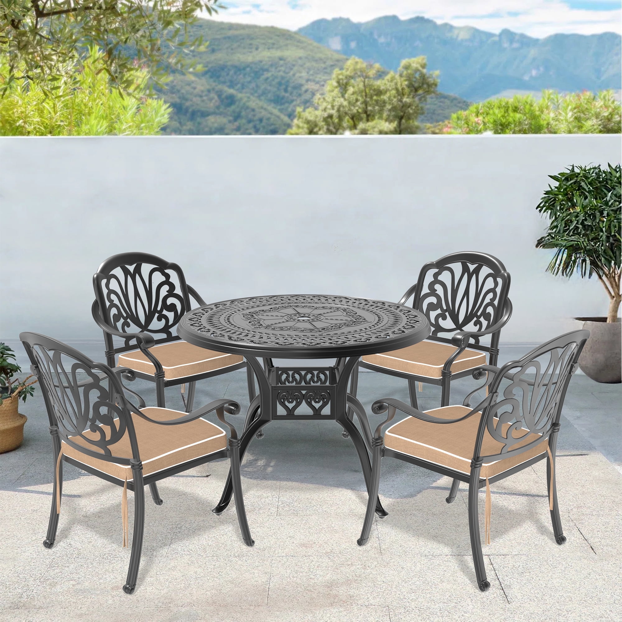 Hzzkey 5-Piece Round Cast Aluminum Patio Set , Random Color Cushions , Umbrella Hole , Black ...