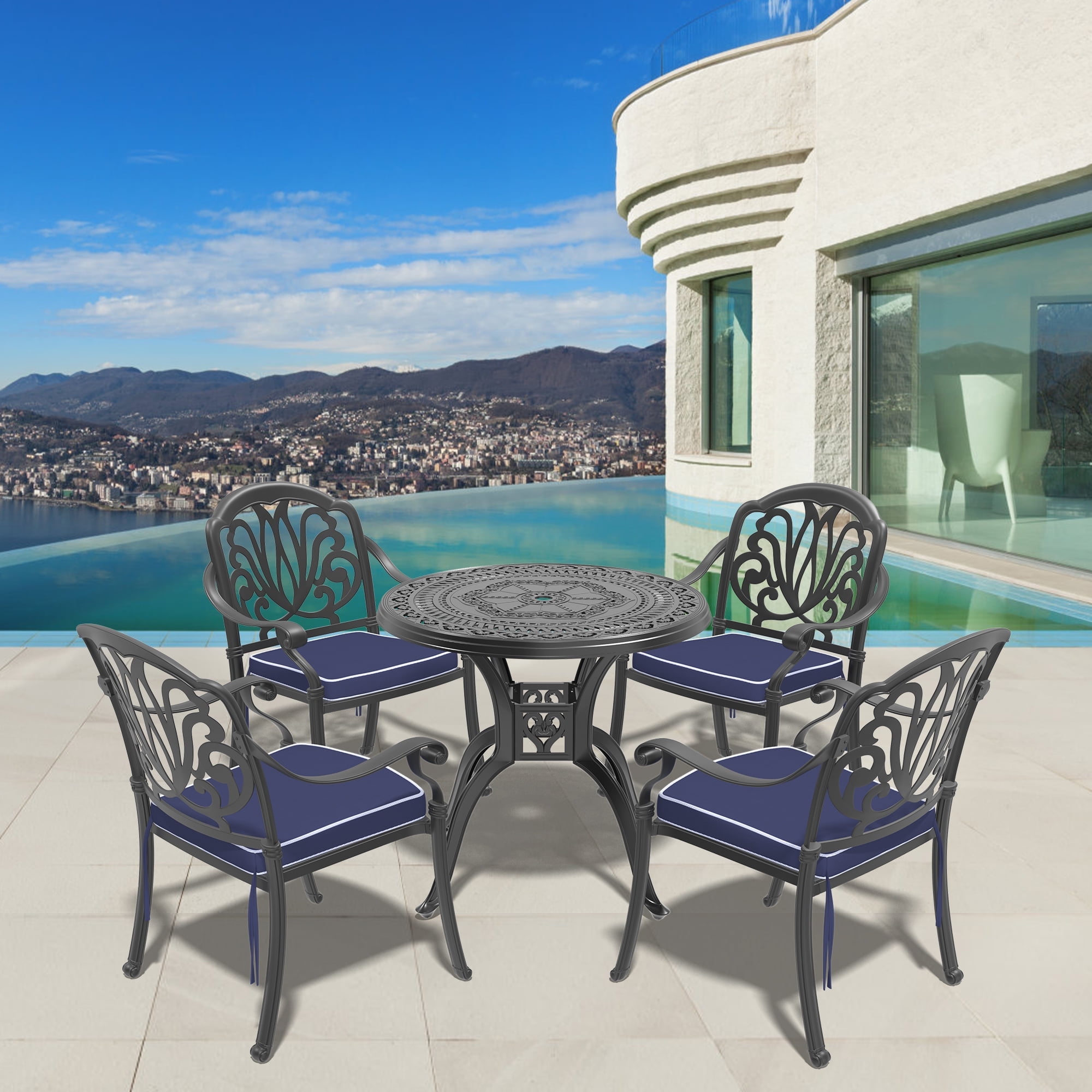 Hzzkey 5-Piece Round Cast Aluminum Patio Set , Random Color Cushions , Umbrella Hole , Black ...