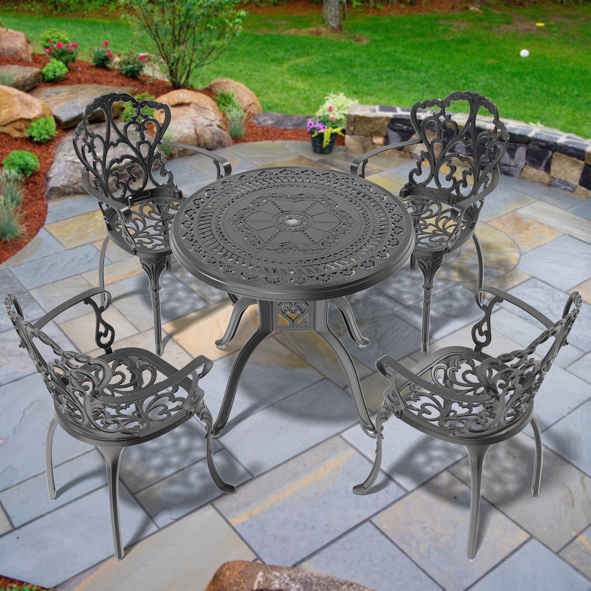 Hzzkey 5-Piece Round Cast Aluminum Patio Set , Random Color Cushions , Umbrella Hole , Black ...
