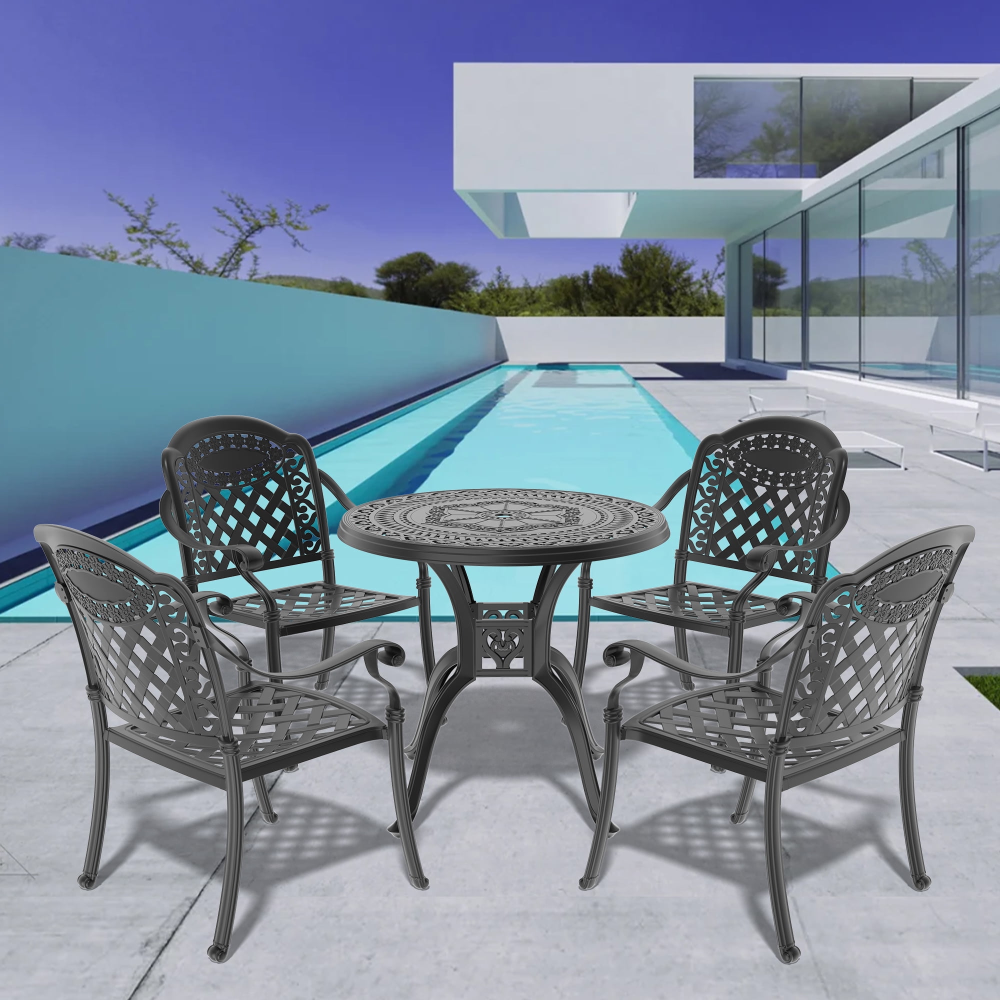Hzzkey 5-Piece Round Cast Aluminum Patio Set , Random Color Cushions , Umbrella Hole , Black ...