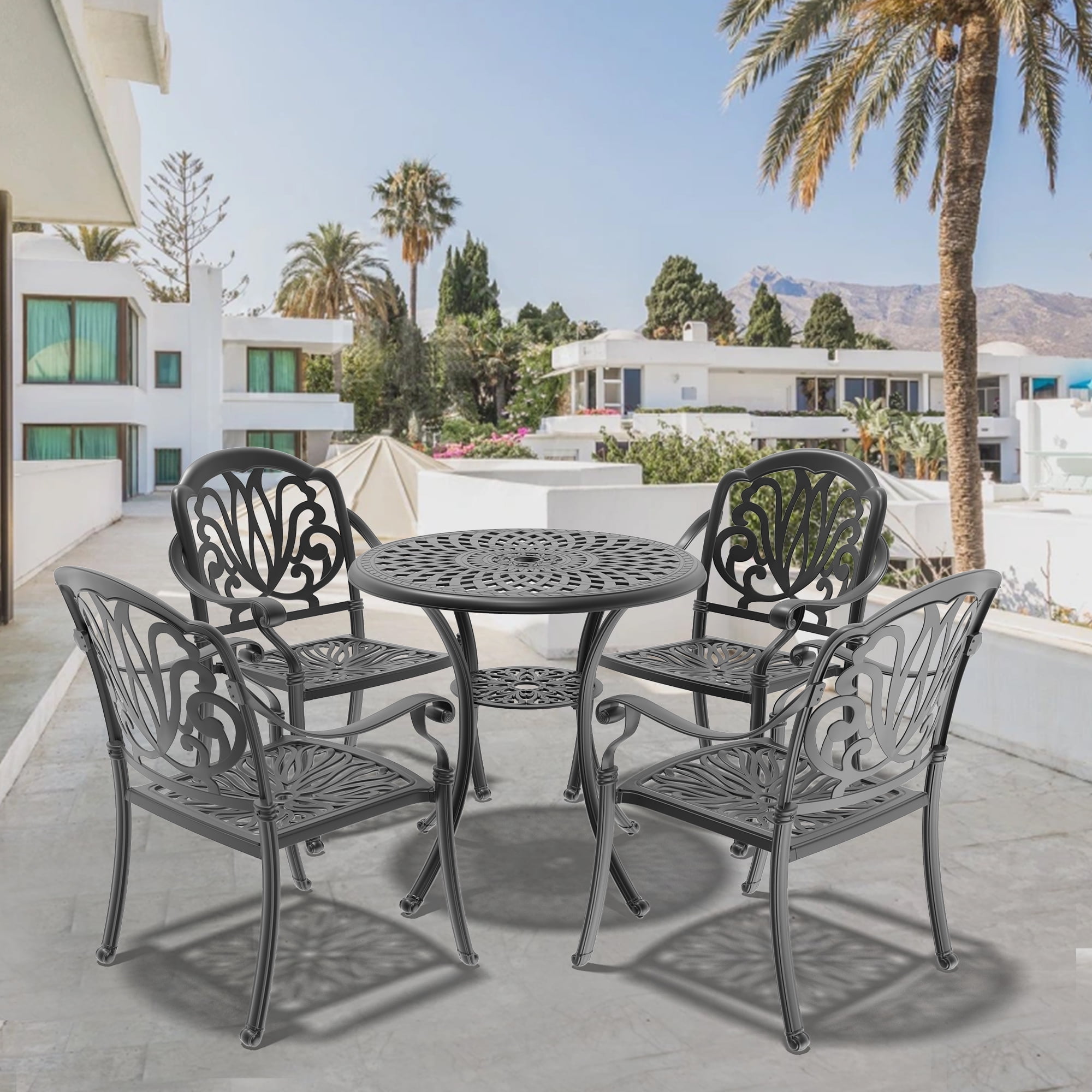 Hzzkey 5-Piece Round Cast Aluminum Patio Set , Random Color Cushions , Umbrella Hole , Black ...
