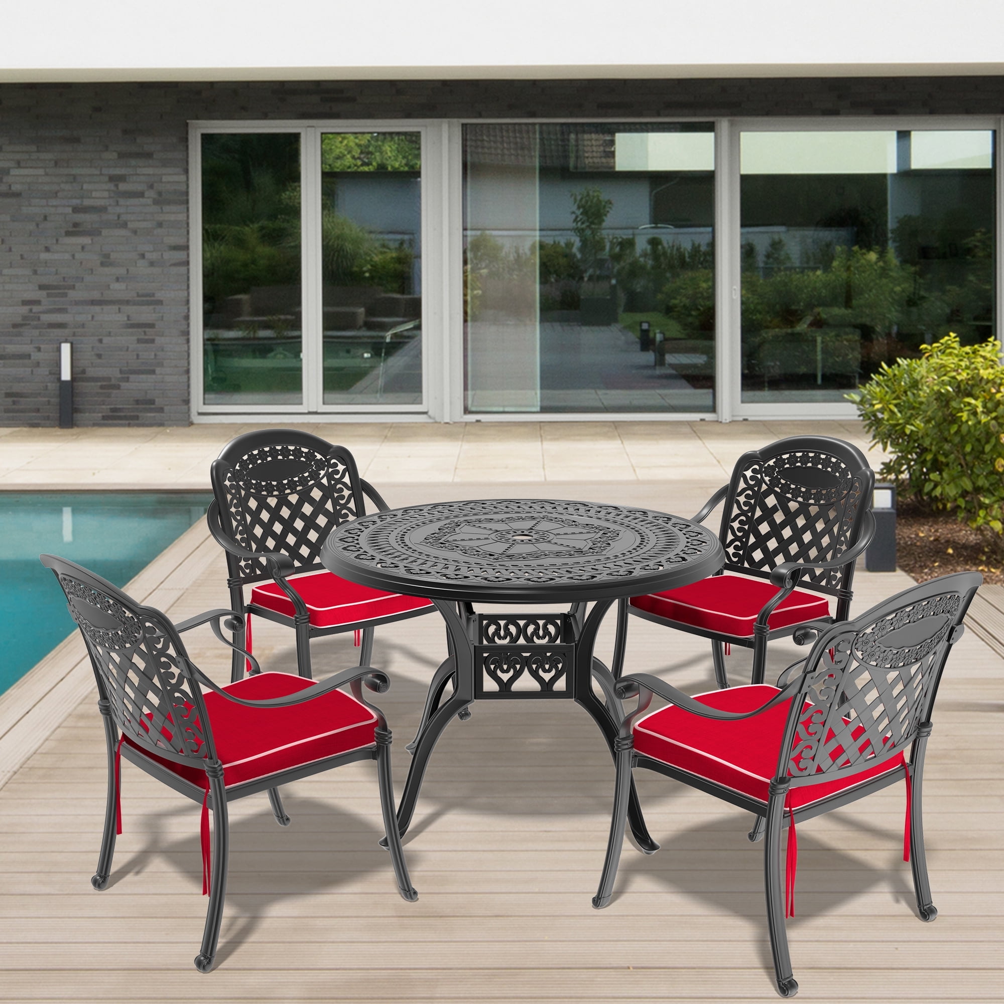 Hzzkey 5-Piece Round Cast Aluminum Patio Set , Random Color Cushions , Umbrella Hole , Black ...