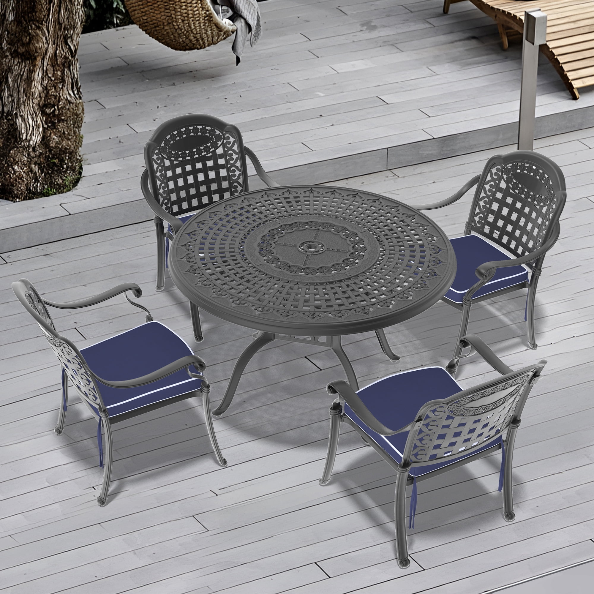 Hzzkey 5-Piece Round Cast Aluminum Patio Set , Random Color Cushions , Umbrella Hole , Black ...