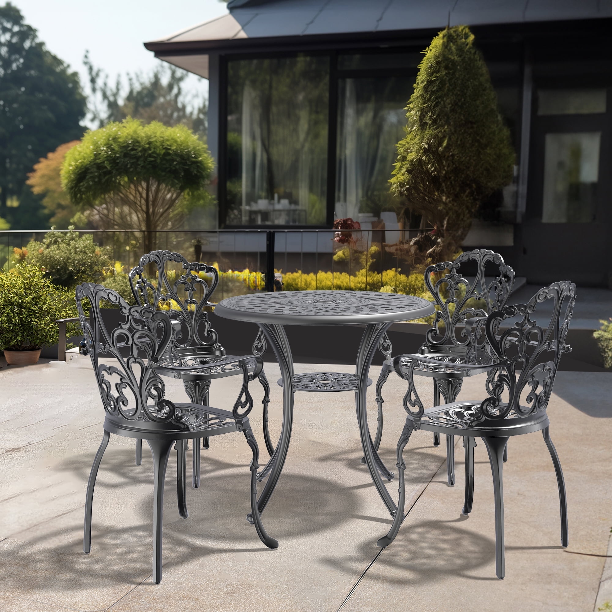 Hzzkey 5-Piece Round Cast Aluminum Patio Set , Random Color Cushions , Umbrella Hole , Black ...