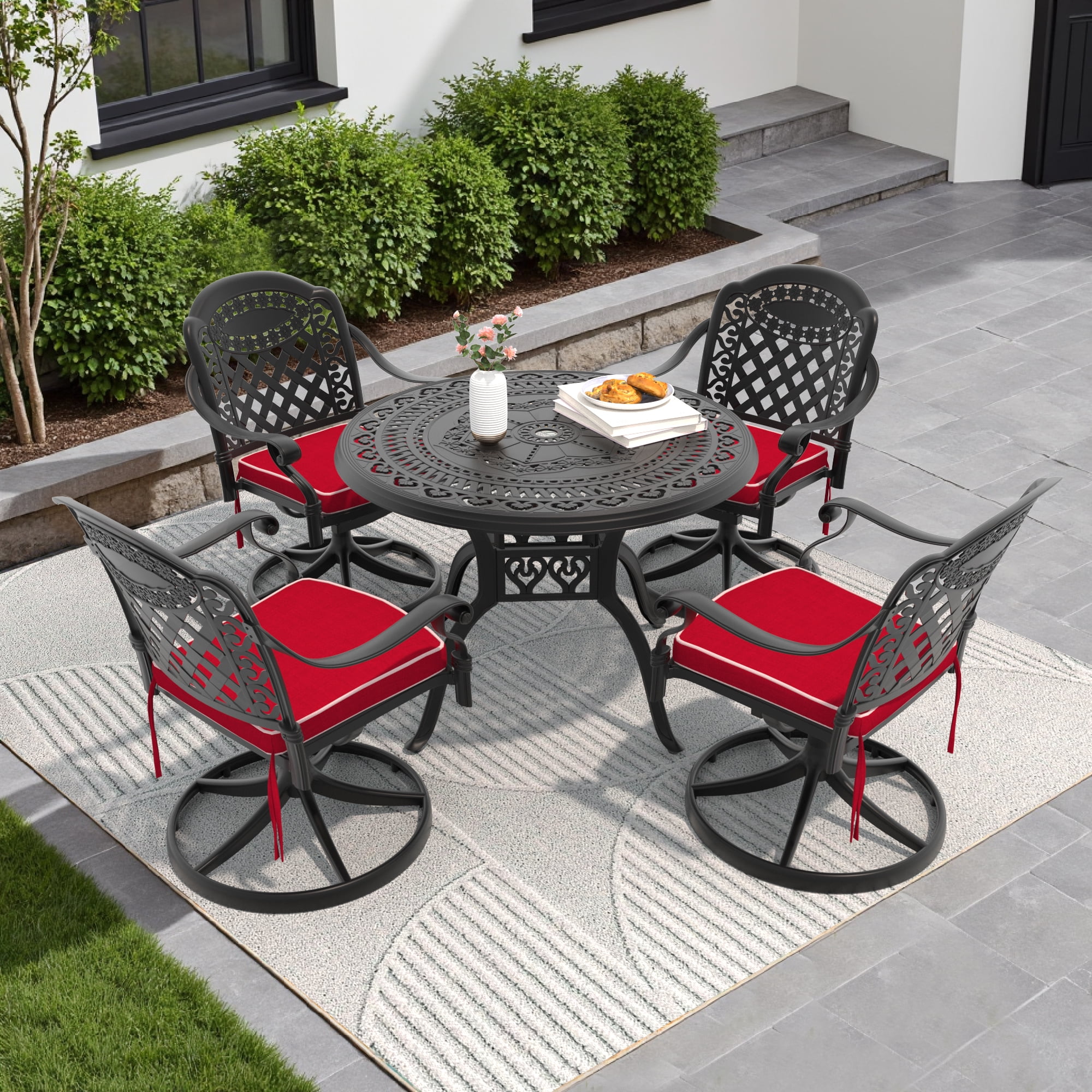 Hzzkey 5-Piece Round Cast Aluminum Patio Set with Swivel Chairs ...