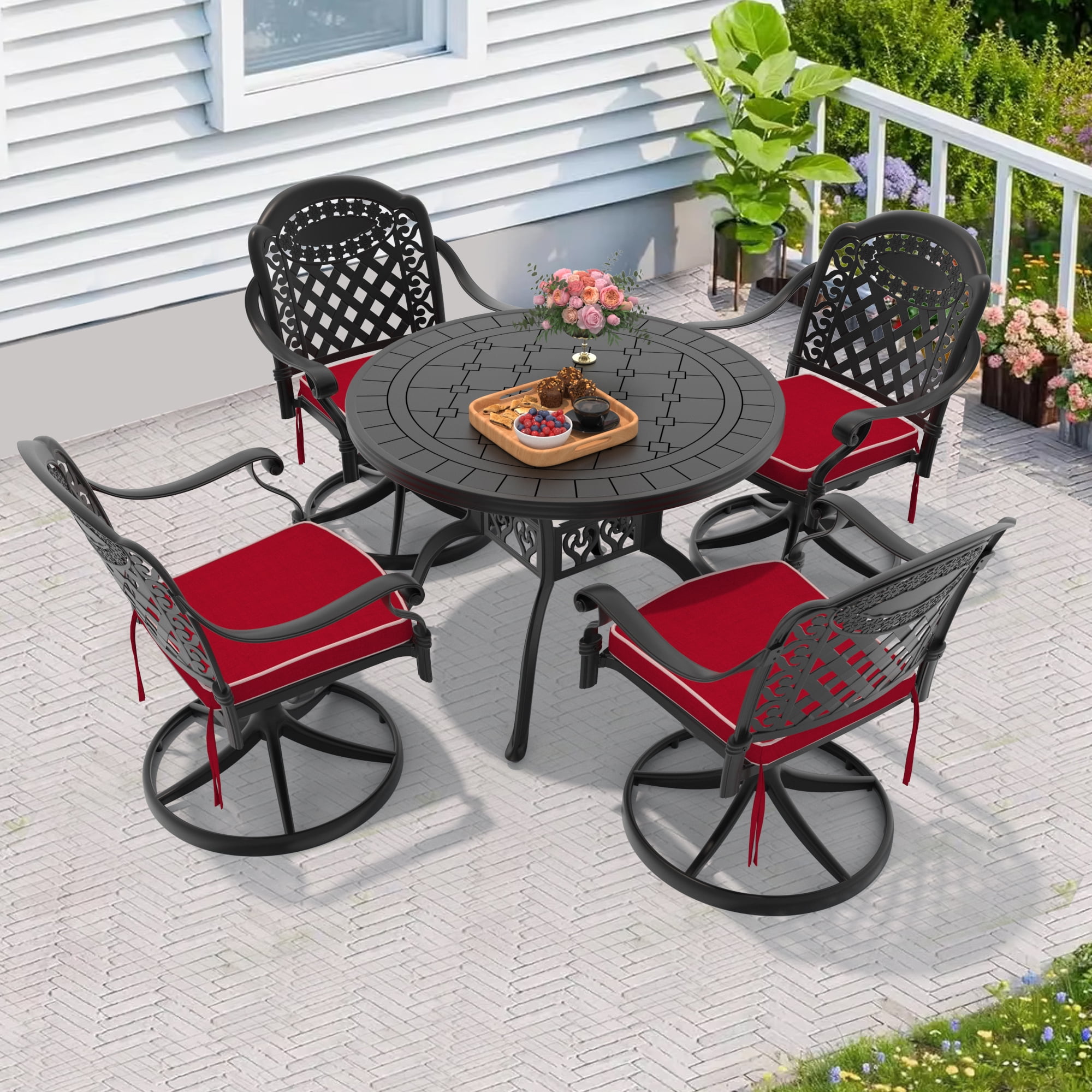 Hzzkey Cast Aluminum 5-Piece Patio Set, Round Table with 4 Swivel ...