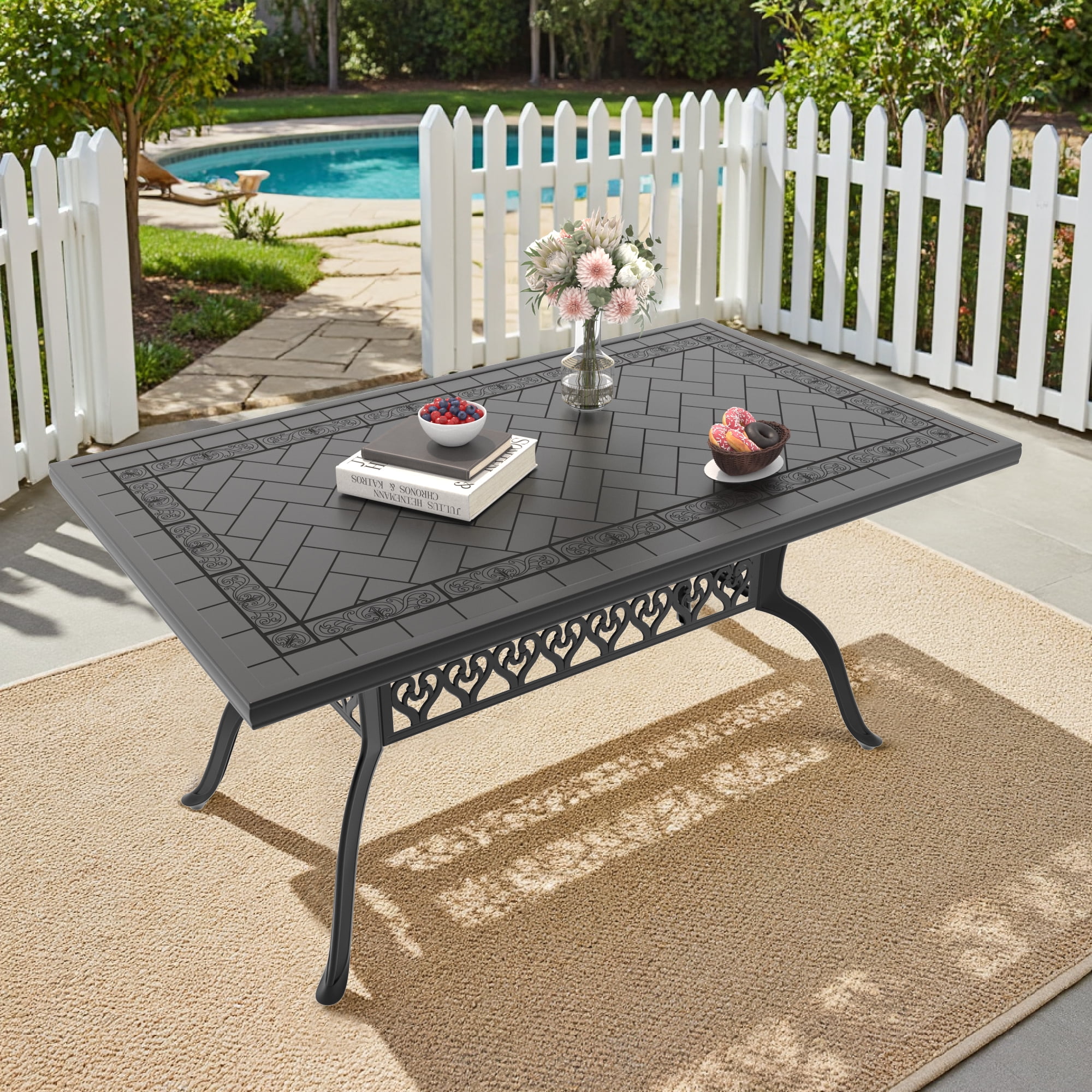 Hzzkey 59"x 35" Rectangular Cast Aluminum Patio Dining Table for Balcony, Lawn, Garden, Backyard ...