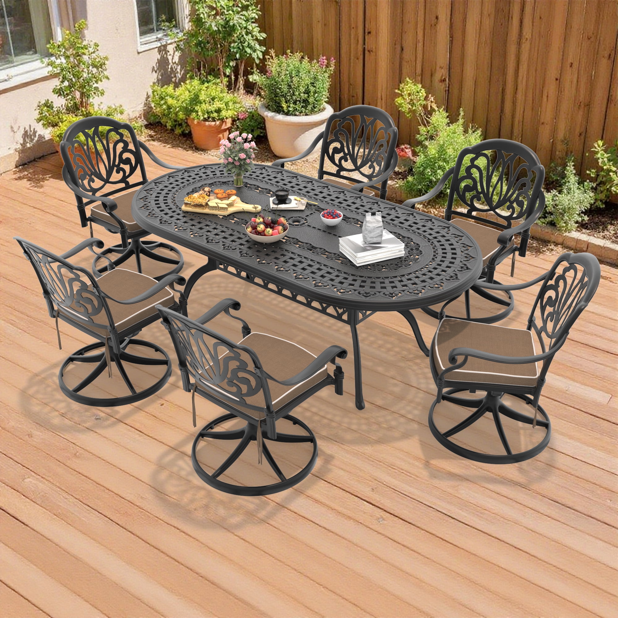 Hzzkey 7-Piece Oval Cast Aluminum Patio Set with Swivel Chairs,Cushions ...