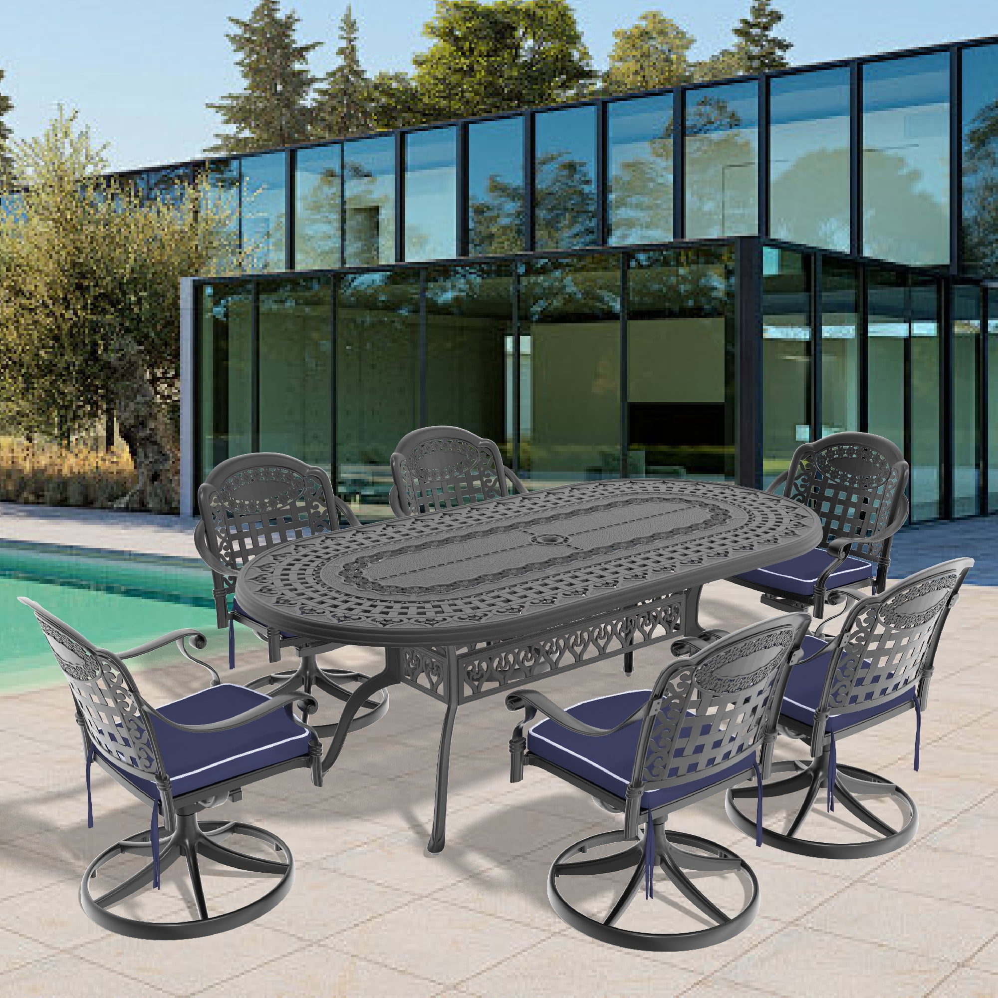 Hzzkey 7-Piece Oval Cast Aluminum Patio Set with Swivel Chairs,Cushions ...