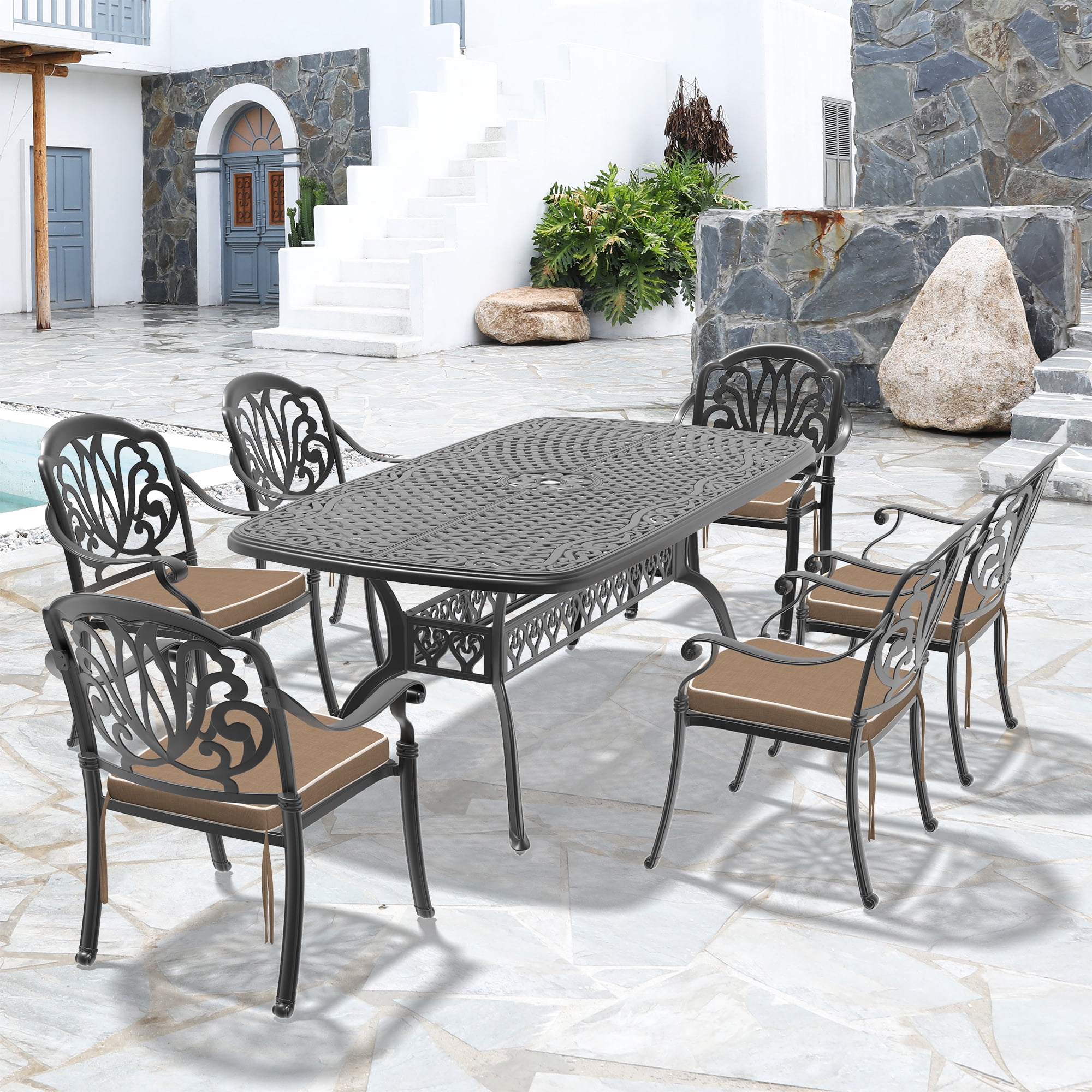 Hzzkey 7-Piece Rectangle Cast Aluminum Patio Set , Random Color ...