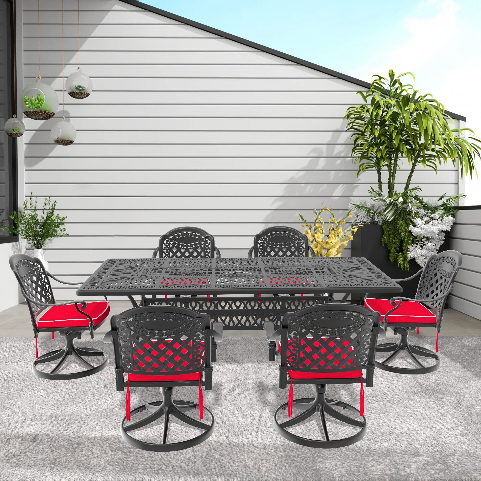 Hzzkey 7-Piece Rectangle Cast Aluminum Patio Set with Swivel Chairs ...