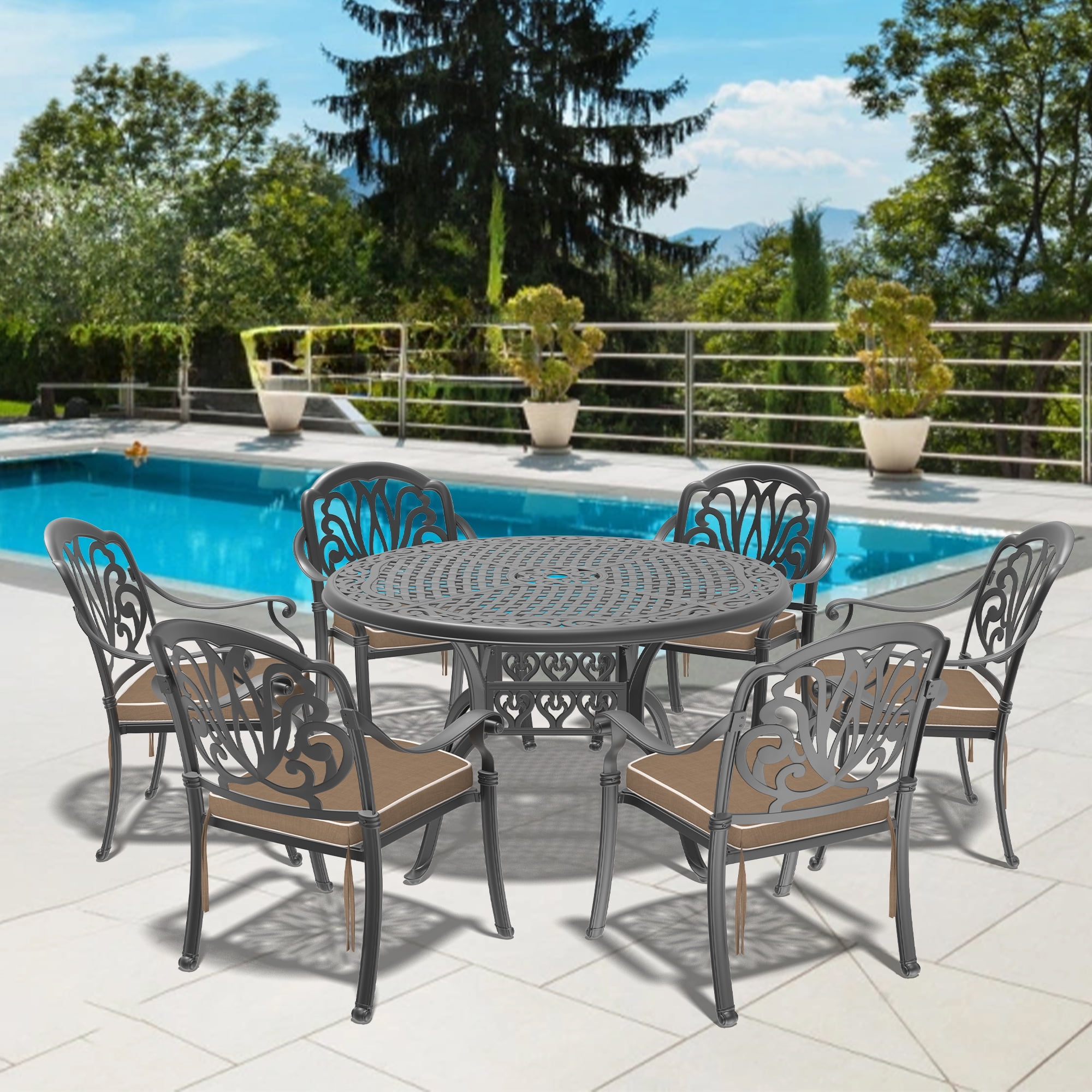 Hzzkey 7-Piece Round Cast Aluminum Patio Set , Random Color Cushions , Umbrella Hole , Black ...