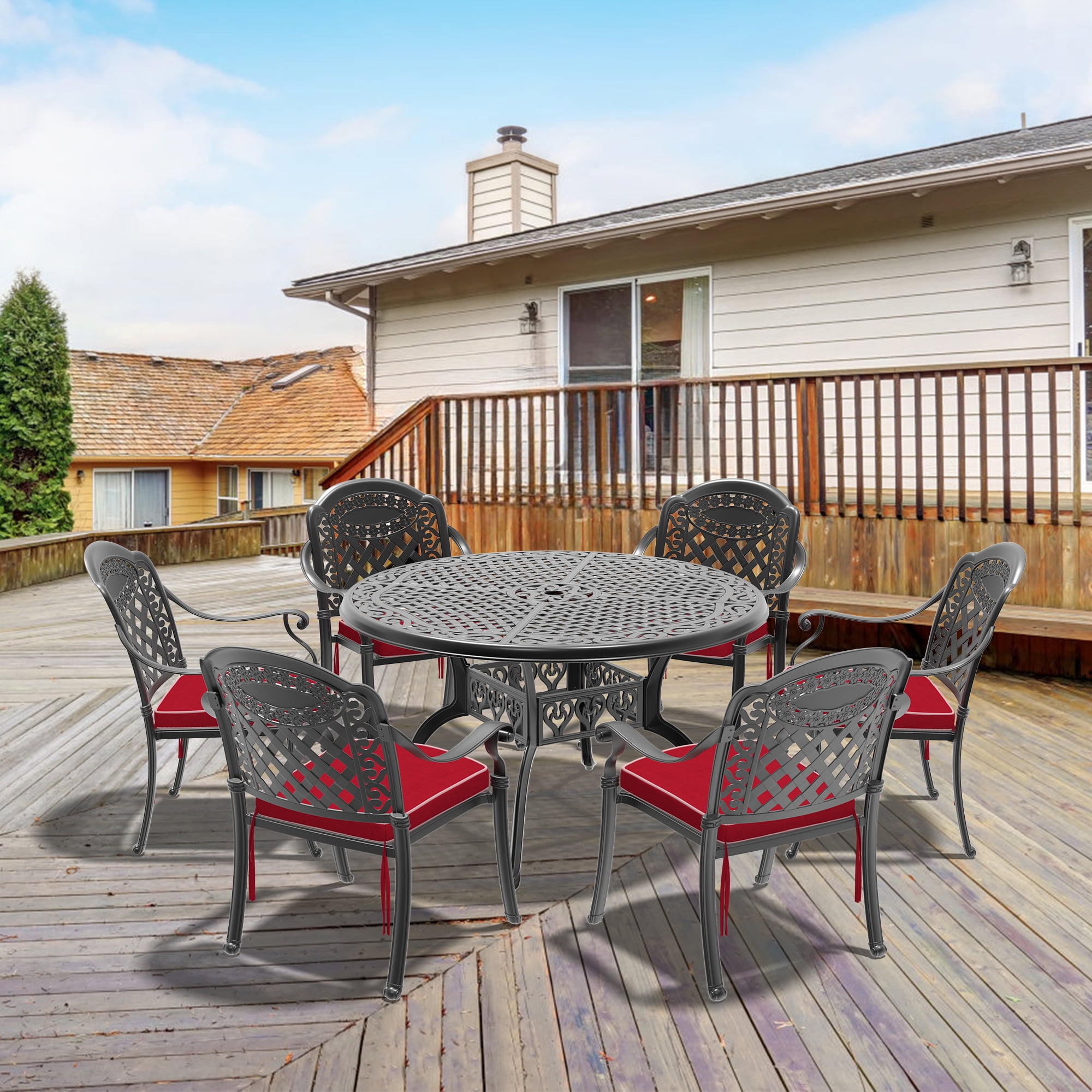 Hzzkey 7-Piece Round Cast Aluminum Patio Set , Random Color Cushions ...