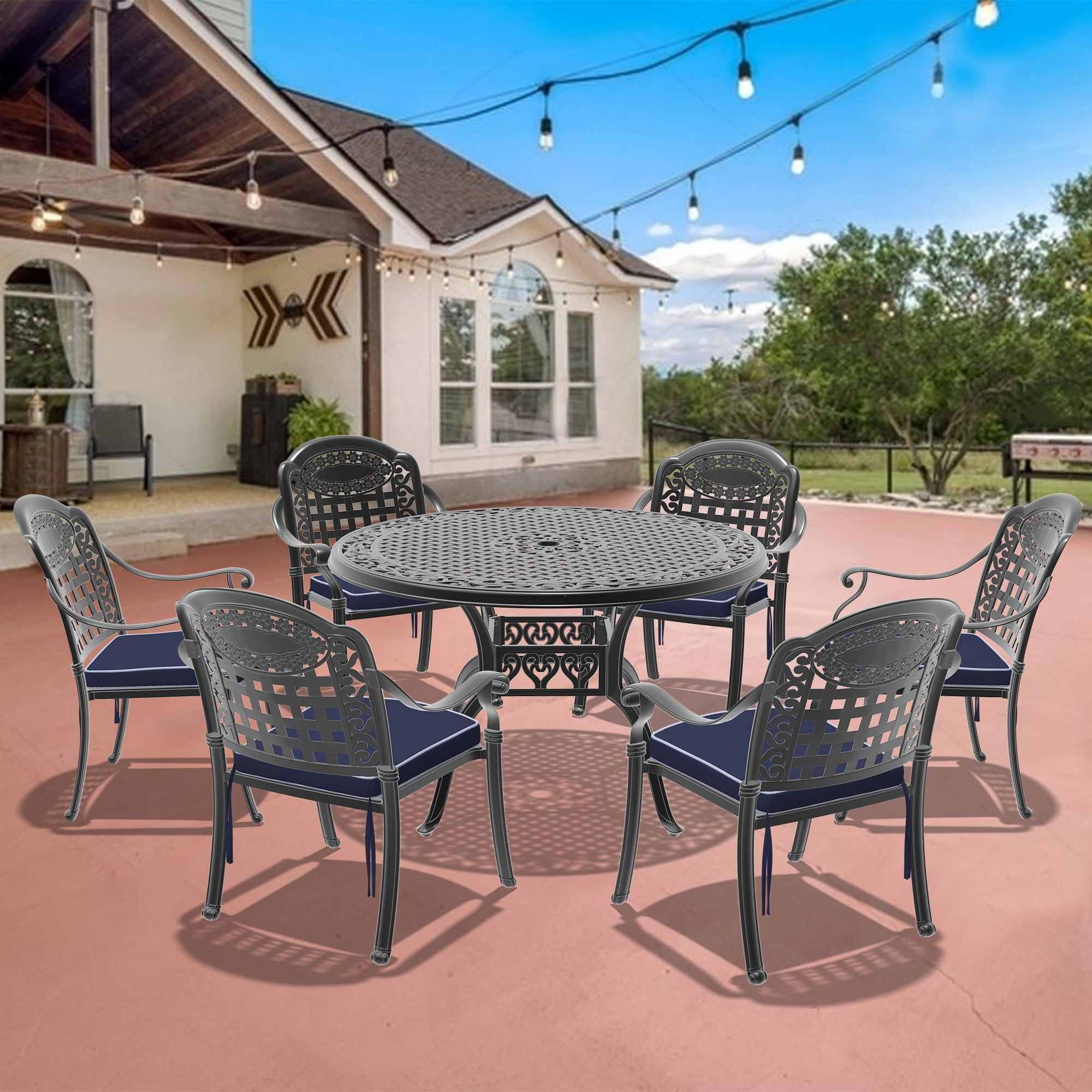Hzzkey 7-Piece Round Cast Aluminum Patio Set , Random Color Cushions , Umbrella Hole , Black ...